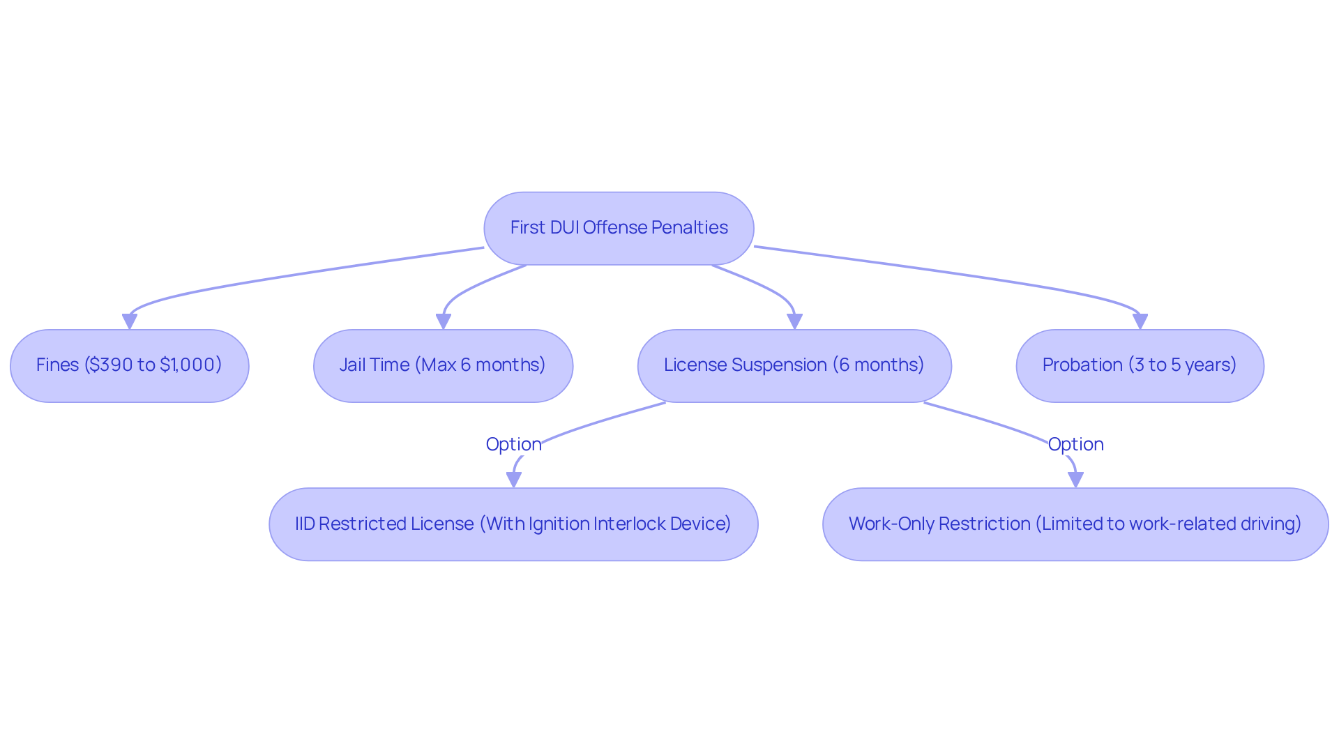 This flowchart shows the penalties you might face for a first DUI offense in California. Each box represents a different penalty, and the arrows guide you through the options and consequences. For example, if you get a DUI, you might have to pay fines, spend time in jail, lose your license, or be on probation. Some penalties have options, like getting a restricted license, which allows limited driving.