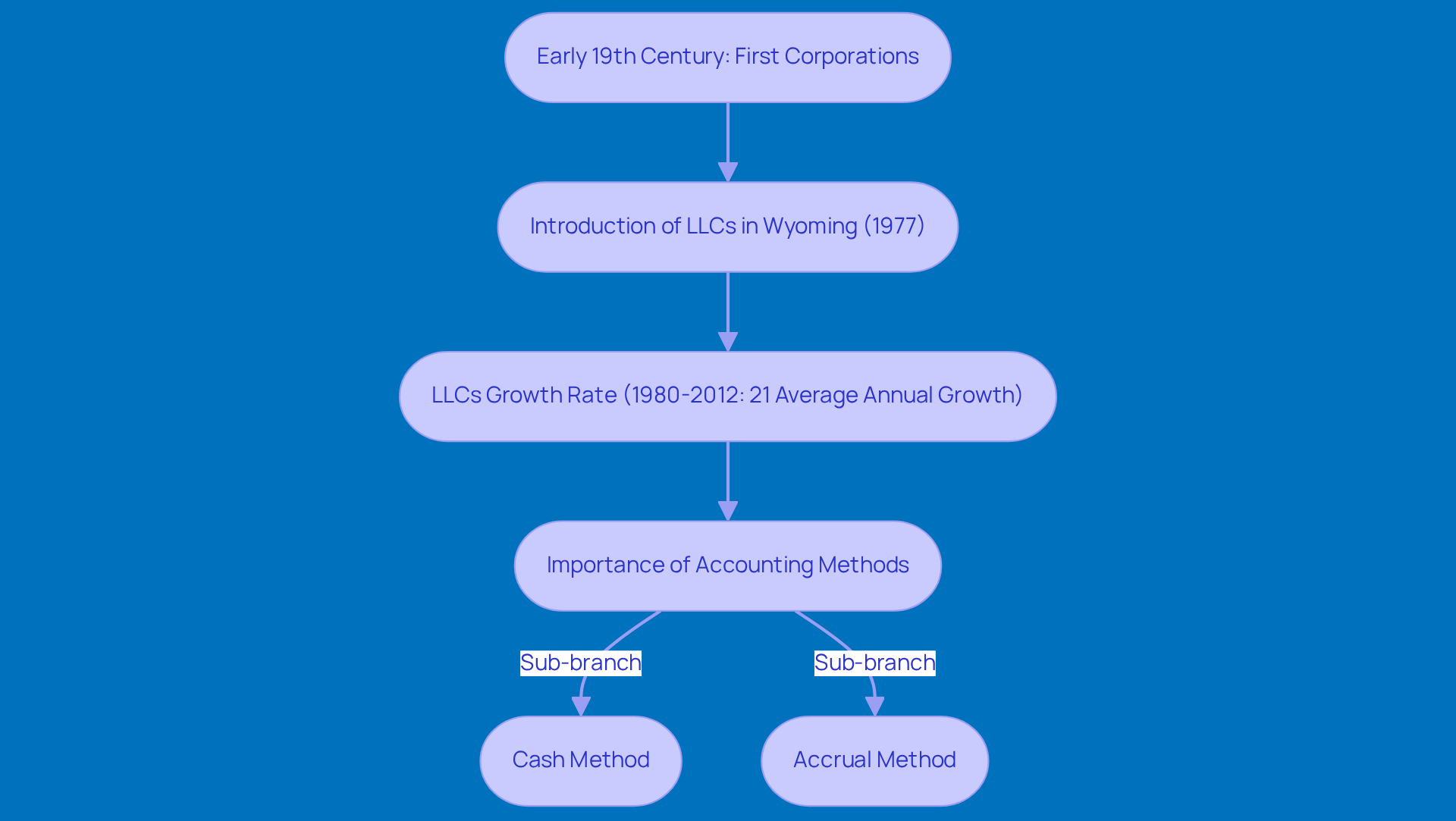 This flowchart shows the evolution of business structures in the US. Each step represents a significant milestone, leading to the next development in the journey of commercial entities.