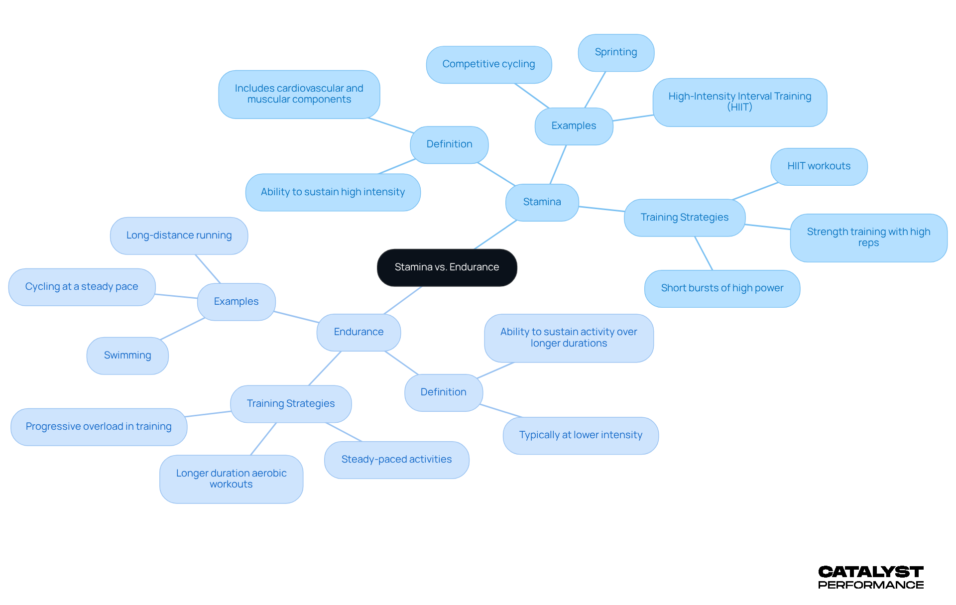 The central node represents the main topic, while the branches show the key aspects of stamina and endurance. Each sub-branch provides more detail, helping you see how these concepts differ and relate to fitness.