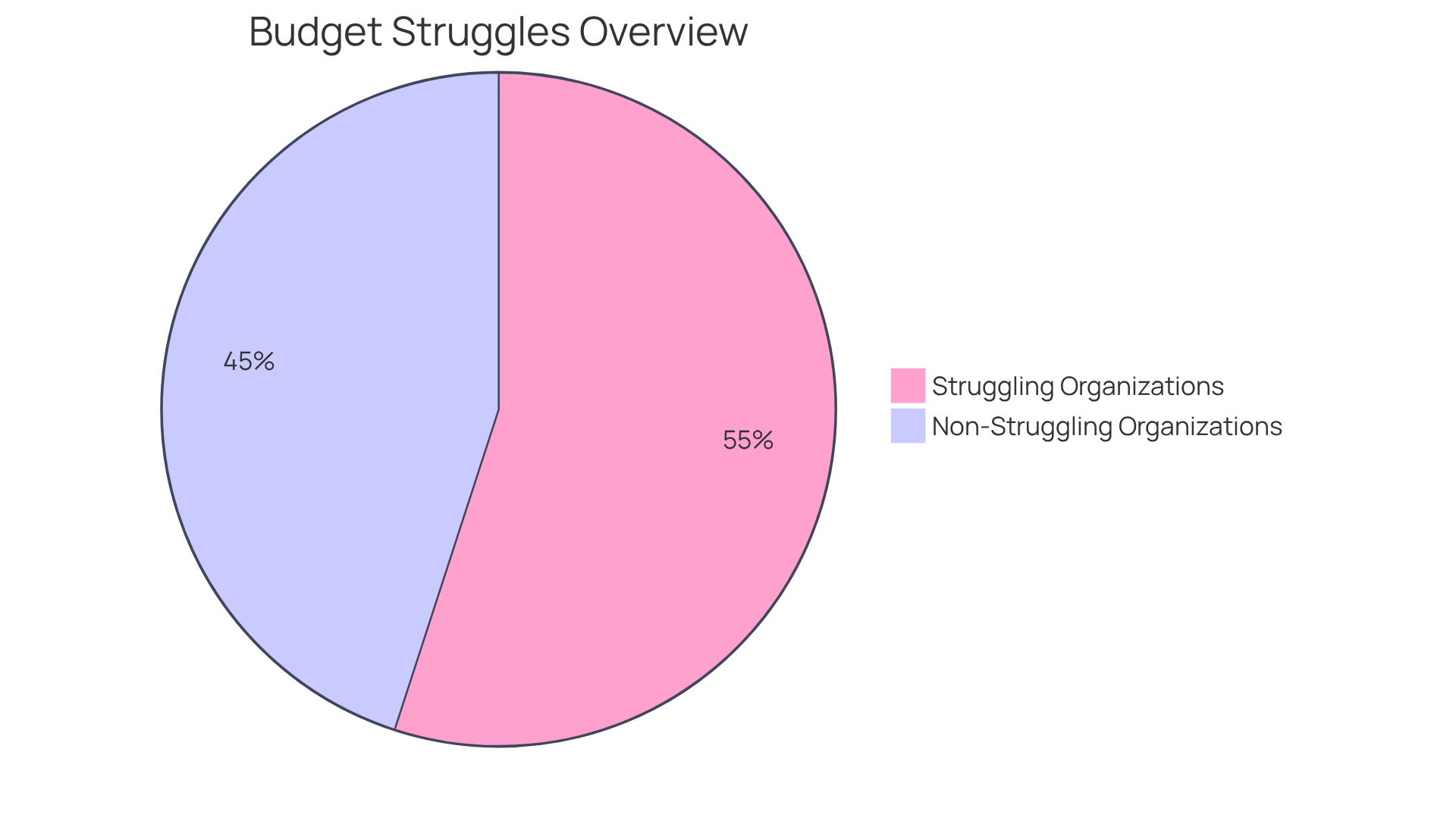 The blue slice shows the 55% of organizations that find it hard to balance their needs with their budgets, while the gray slice represents the 45% that do not face this challenge.