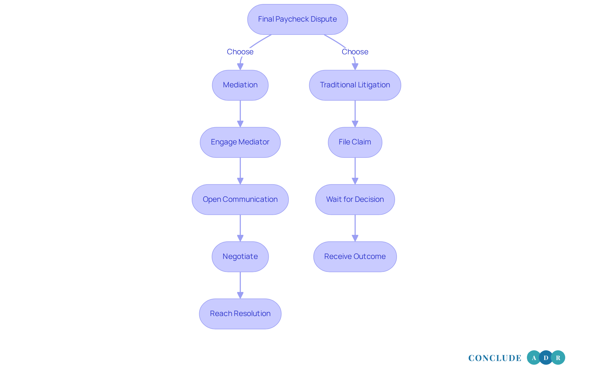 This flowchart shows the steps involved in resolving paycheck disputes. The left path represents mediation, which is quicker and more collaborative, while the right path shows traditional litigation, which can take much longer. Follow the arrows to see how each process unfolds.