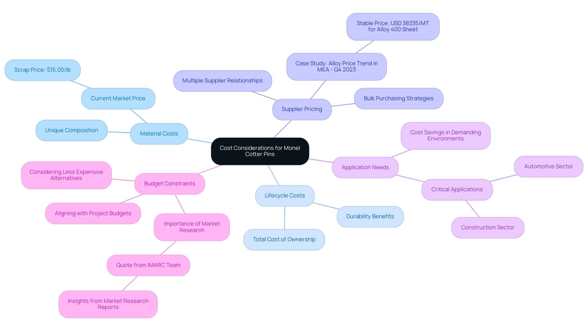 Each branch represents a critical cost consideration, with sub-nodes providing additional details and examples relevant to that consideration.