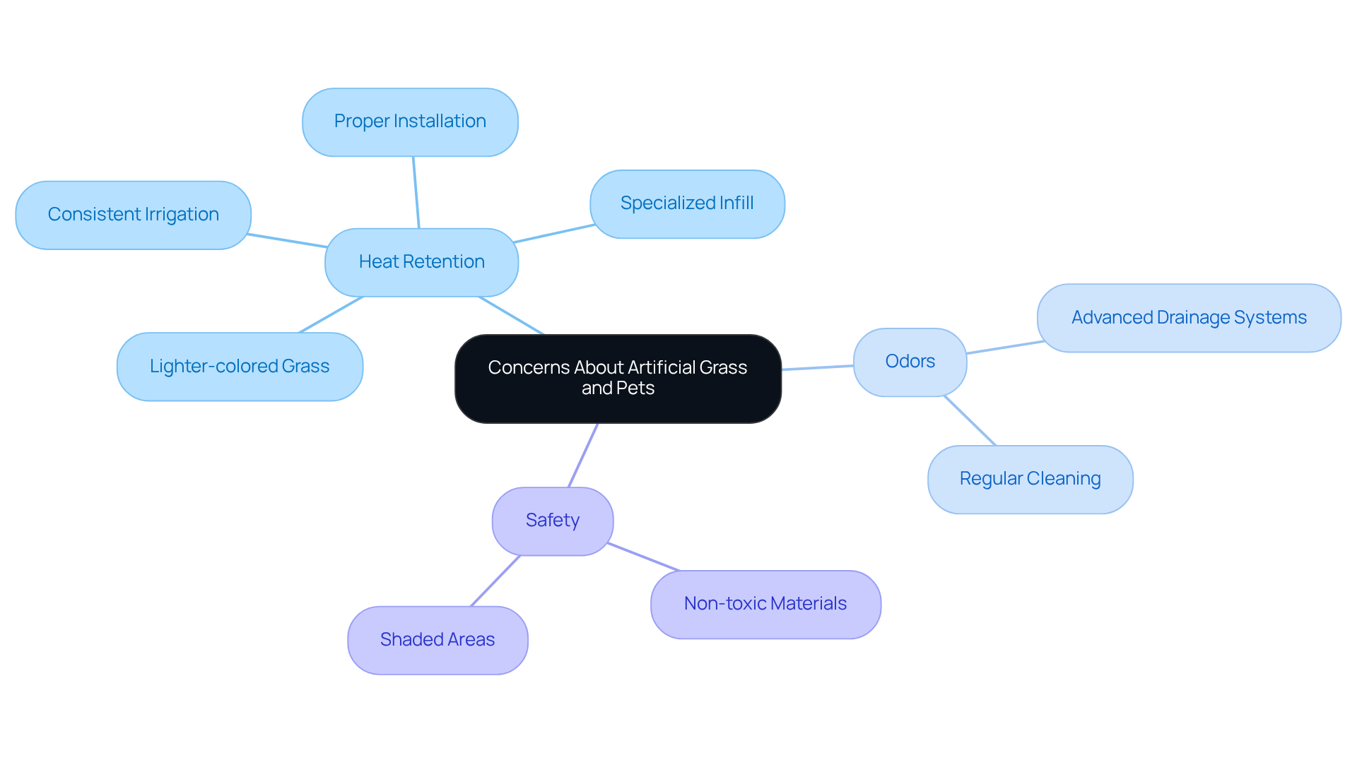 The central node represents the main topic, while the branches show specific concerns and solutions. Each color-coded branch helps you easily identify different areas of focus.