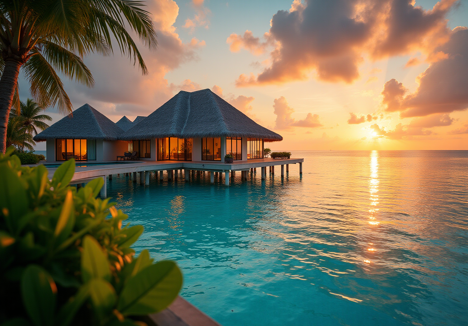 Luxurious Overwater Villa in the Maldives at Sunset