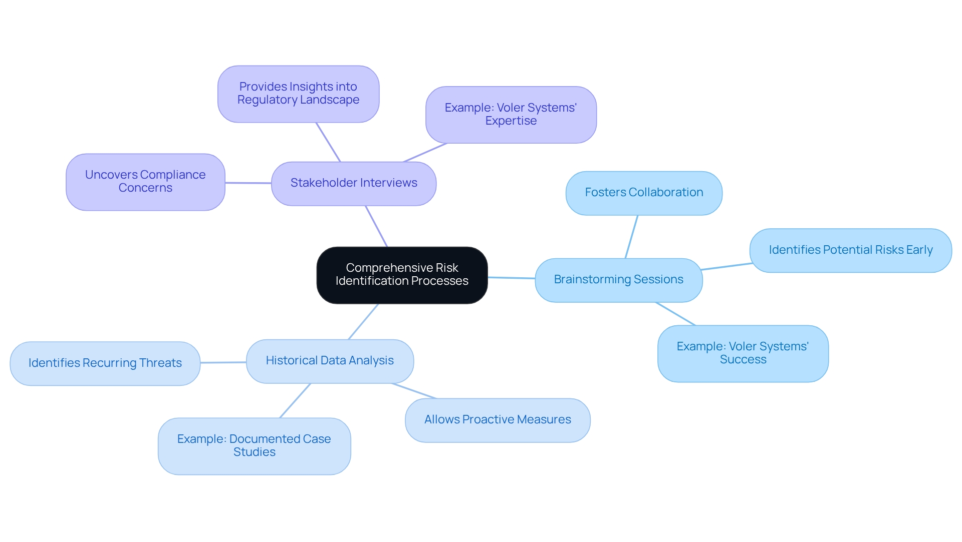 The central node represents the overall goal of establishing risk identification processes. Each branch shows a specific technique, and the sub-branches provide insights or examples of how that technique can be applied to improve risk management.