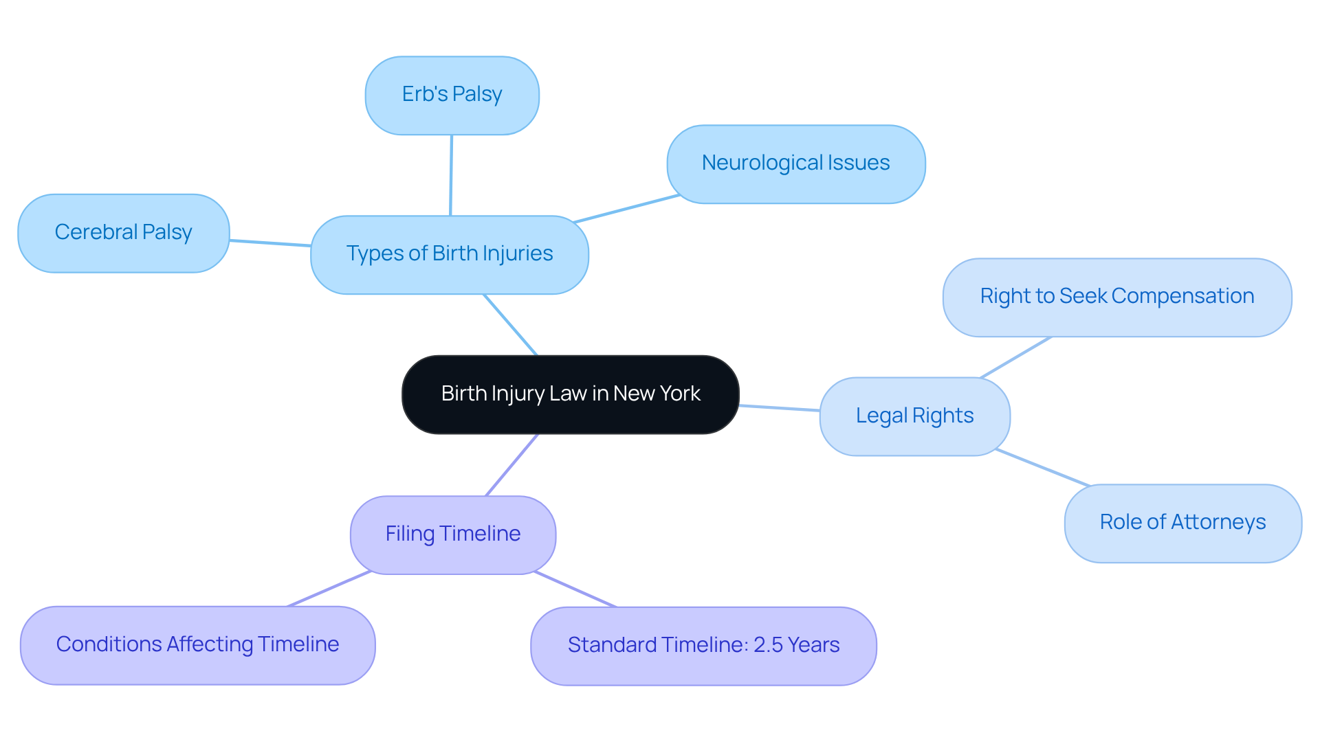 This mindmap starts with the main topic of birth injury law and branches out into specific areas. Each branch represents a different aspect of the law, helping you understand the types of injuries, your legal rights, and important timelines for filing claims.