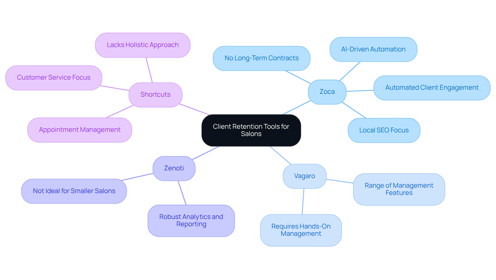 The central node represents the overall topic, while each branch shows a different tool. The sub-branches highlight specific features and benefits, helping you quickly compare how each tool supports client retention.