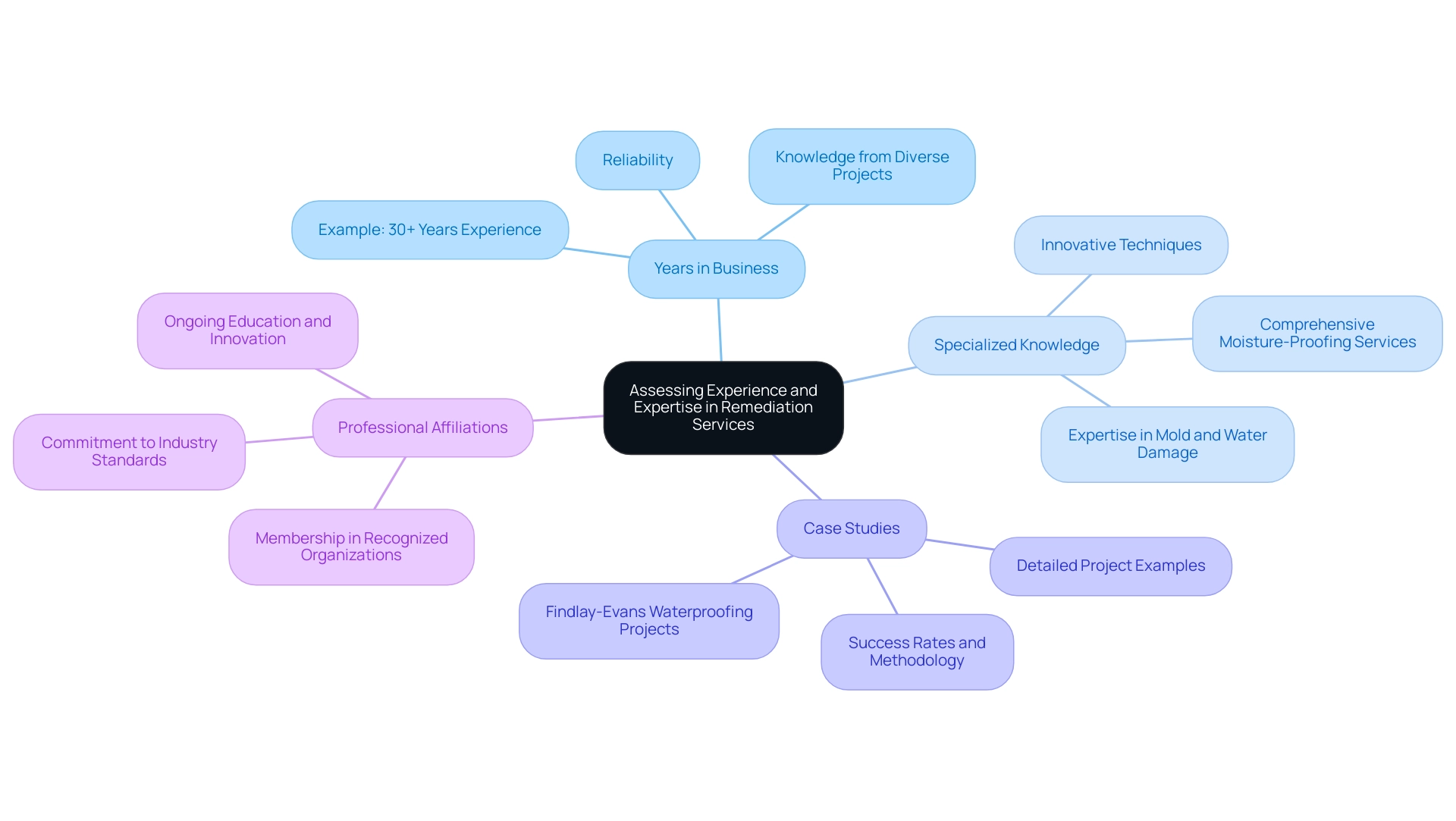 The central node represents the main assessment topic, with branches showing the key factors influencing the evaluation of remediation services.