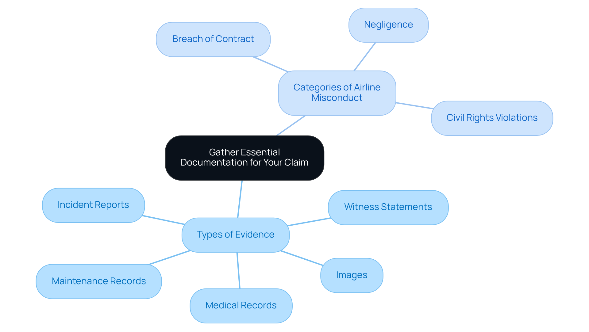 The central node represents the main focus of gathering evidence, while the branches show the different types of documentation needed and the categories of misconduct. Each branch helps you see what you need to collect for a strong claim.