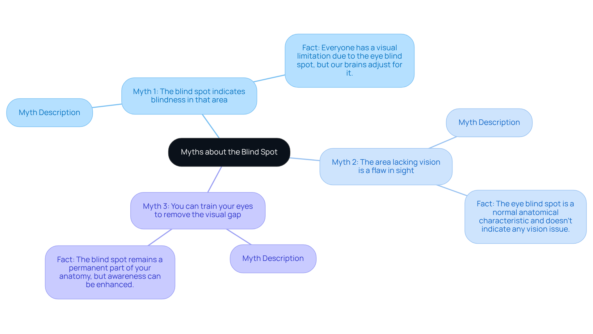 This mindmap starts with the central theme of myths about the blind spot. Each branch represents a specific myth, and the sub-branches provide the factual corrections. Follow the branches to understand how each misconception is addressed, helping you gain clarity on this common topic.