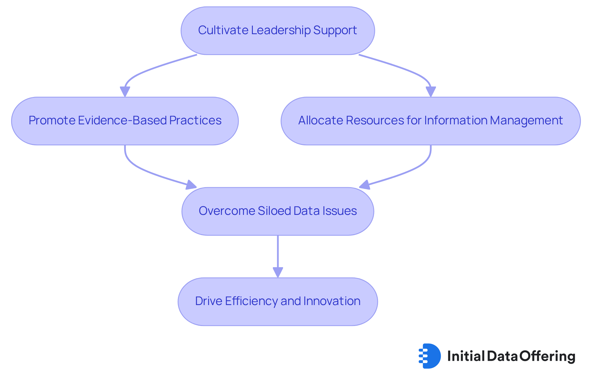This flowchart shows how strong leadership support leads to better data accessibility. Each step builds on the previous one, ultimately driving efficiency and innovation in the organization. This flowchart shows how strong leadership support leads to better data accessibility. Each step builds on the previous one, ultimately driving efficiency and innovation in the organization.