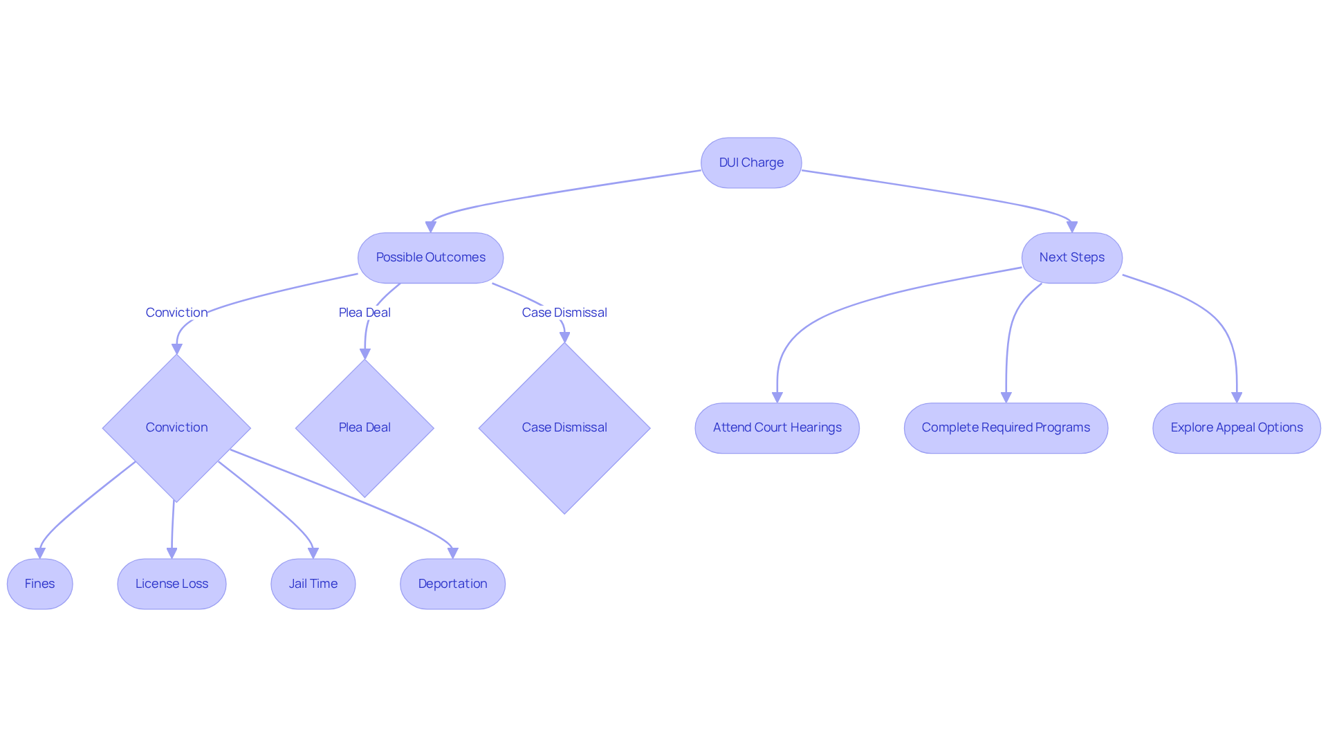 This flowchart shows the potential paths you can take after a DUI charge. Start at the top with the DUI charge, then follow the arrows to see possible outcomes and the steps you can take next. Each box represents a decision or consequence, helping you understand what to expect and what actions to consider.