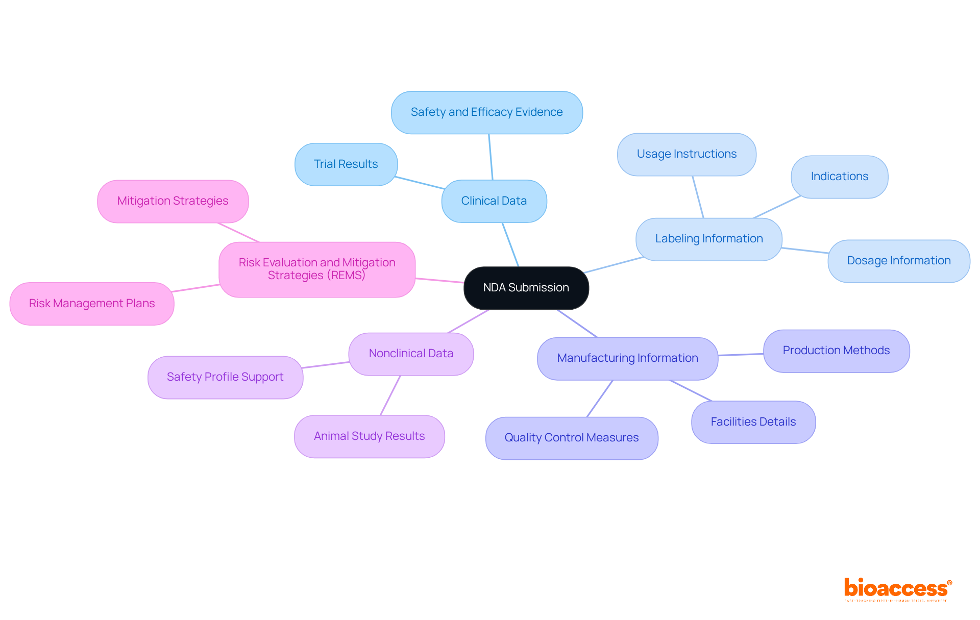 The central node represents the NDA submission, with each branch showing a key component necessary for the application. Explore each area to understand what is needed for a successful submission.