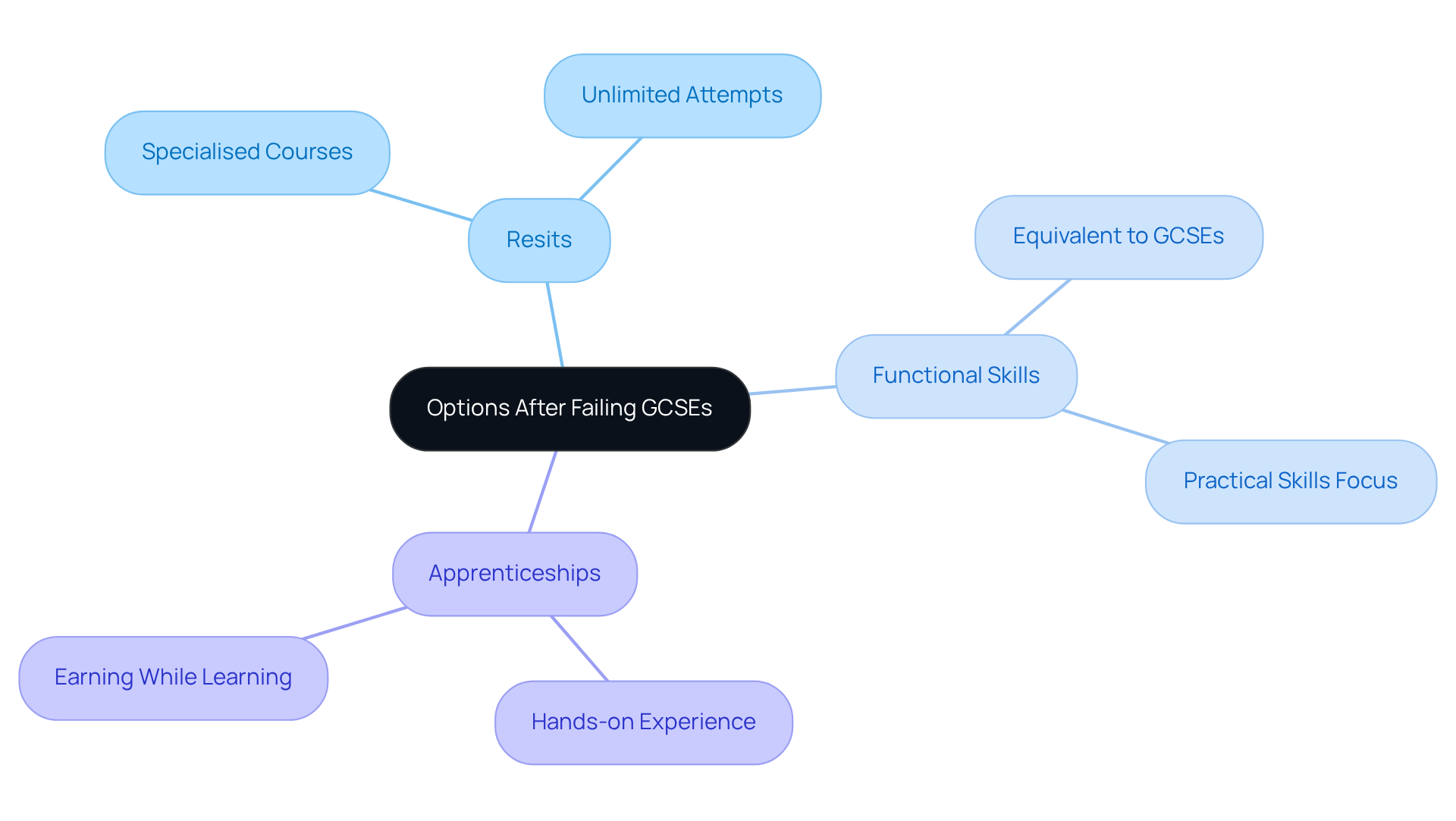 The central node represents the main topic, while the branches show different options available to students. Each sub-branch provides more details about what each option entails, helping you visualize your choices and the paths you can take.