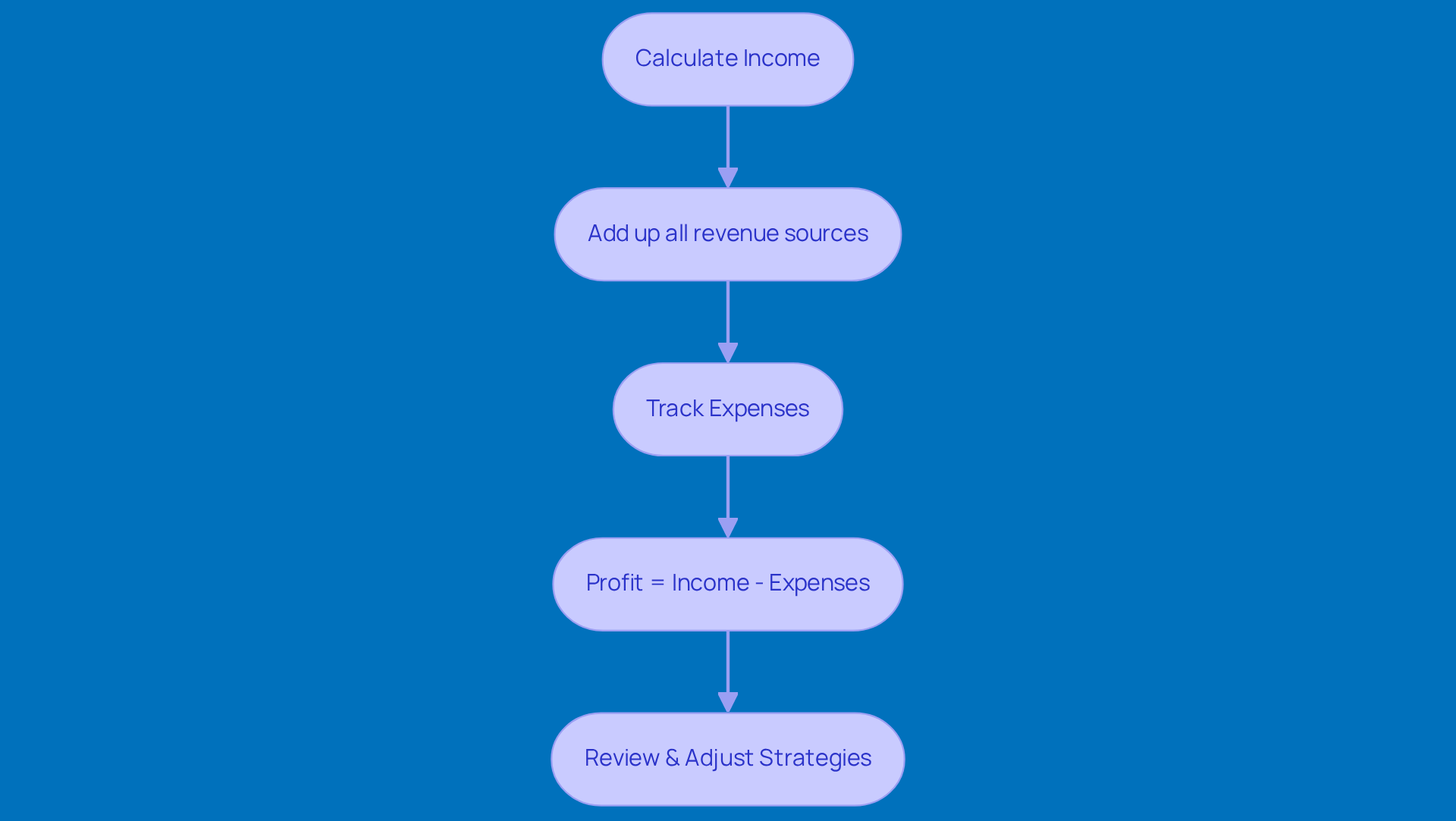 Follow the arrows through each step to see how to calculate your income and profit. Each box represents a key action, from adding up your earnings to adjusting your strategies based on your financial insights. Follow the arrows through each step to see how to calculate your income and profit. Each box represents a key action, from adding up your earnings to adjusting your strategies based on your financial insights.
