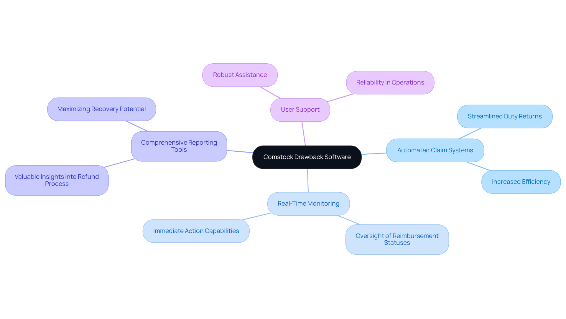 The center represents the software itself, while the branches show its main features. Each feature can be explored further to understand how it helps businesses manage duty refunds more effectively.