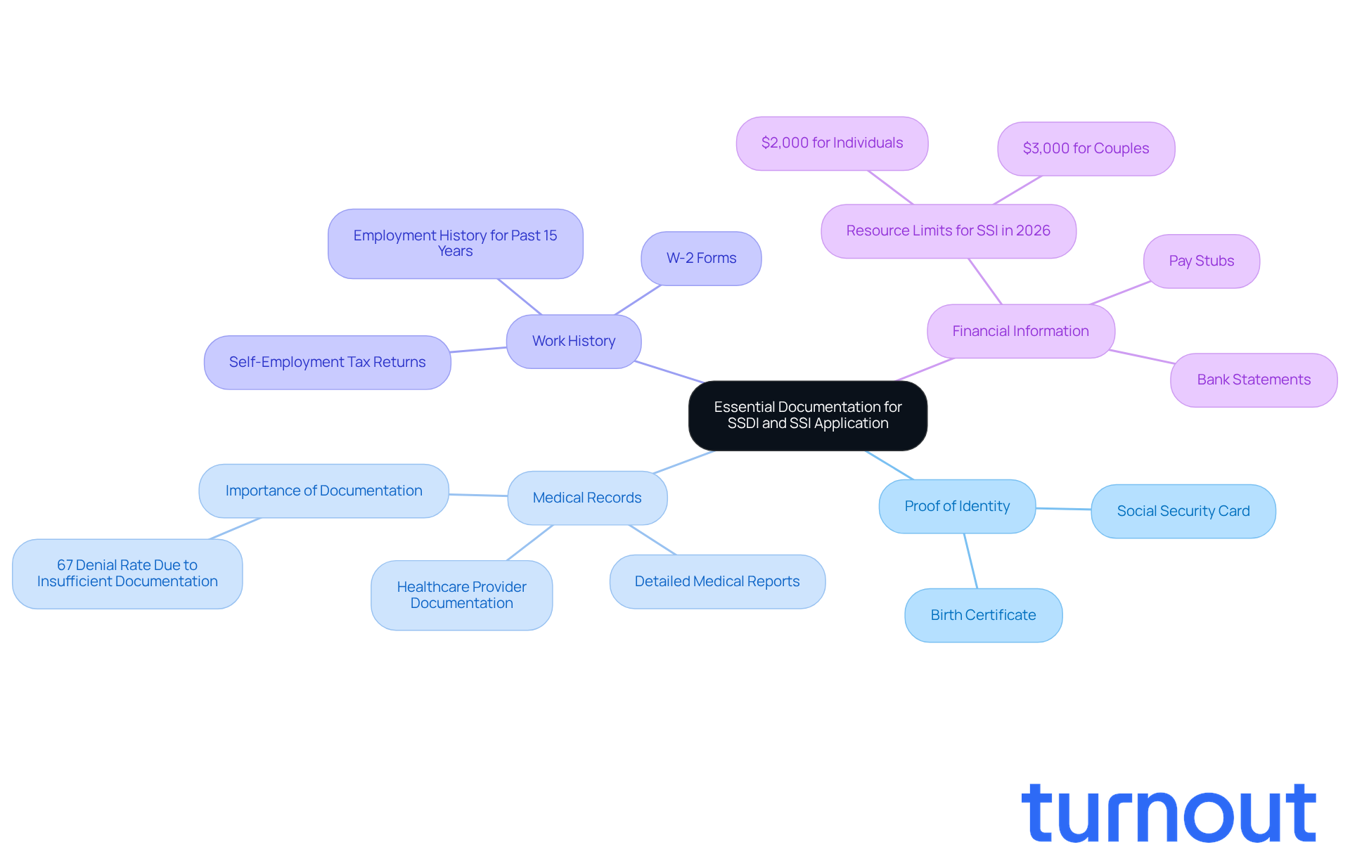 Start at the center with the main topic, then explore each branch to see what documents you need for your application. Each color represents a different category of documents, making it easy to follow.