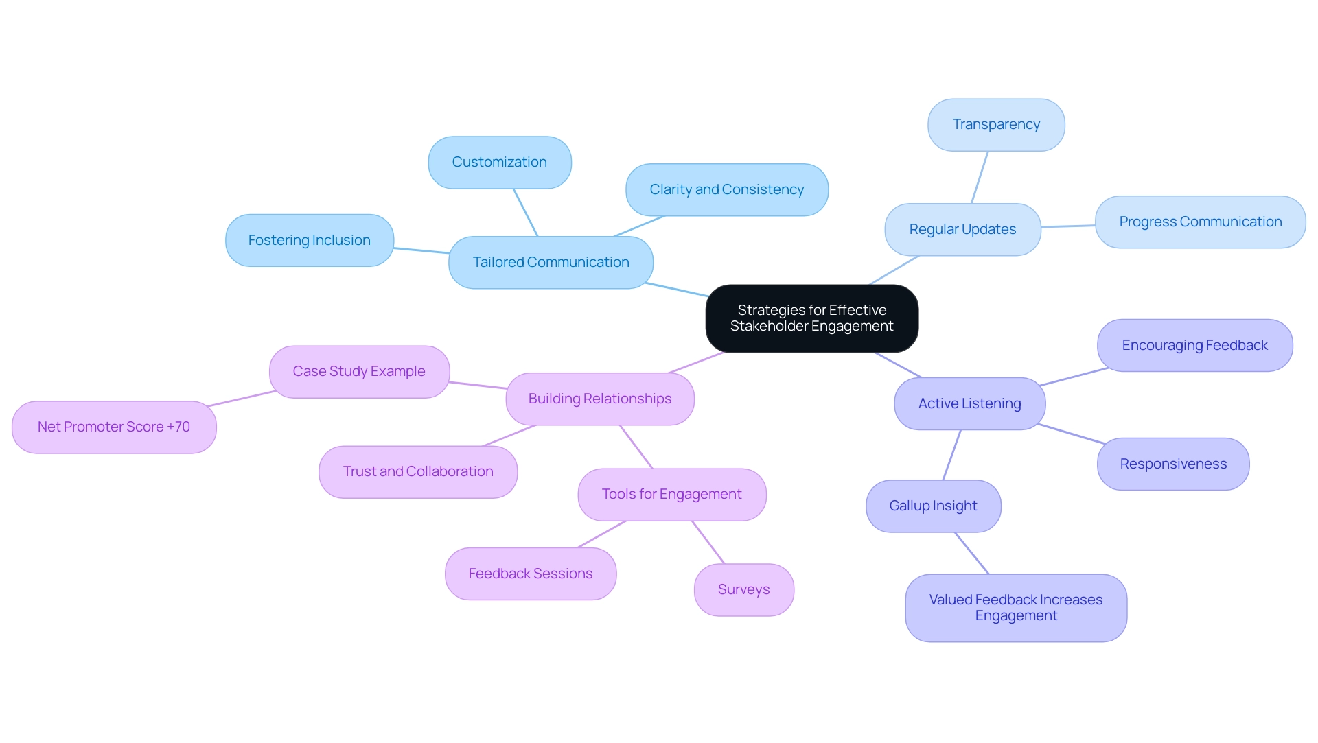 The central node represents the overarching theme, while the branches denote key strategies, with sub-branches detailing specific elements or tools related to each strategy.