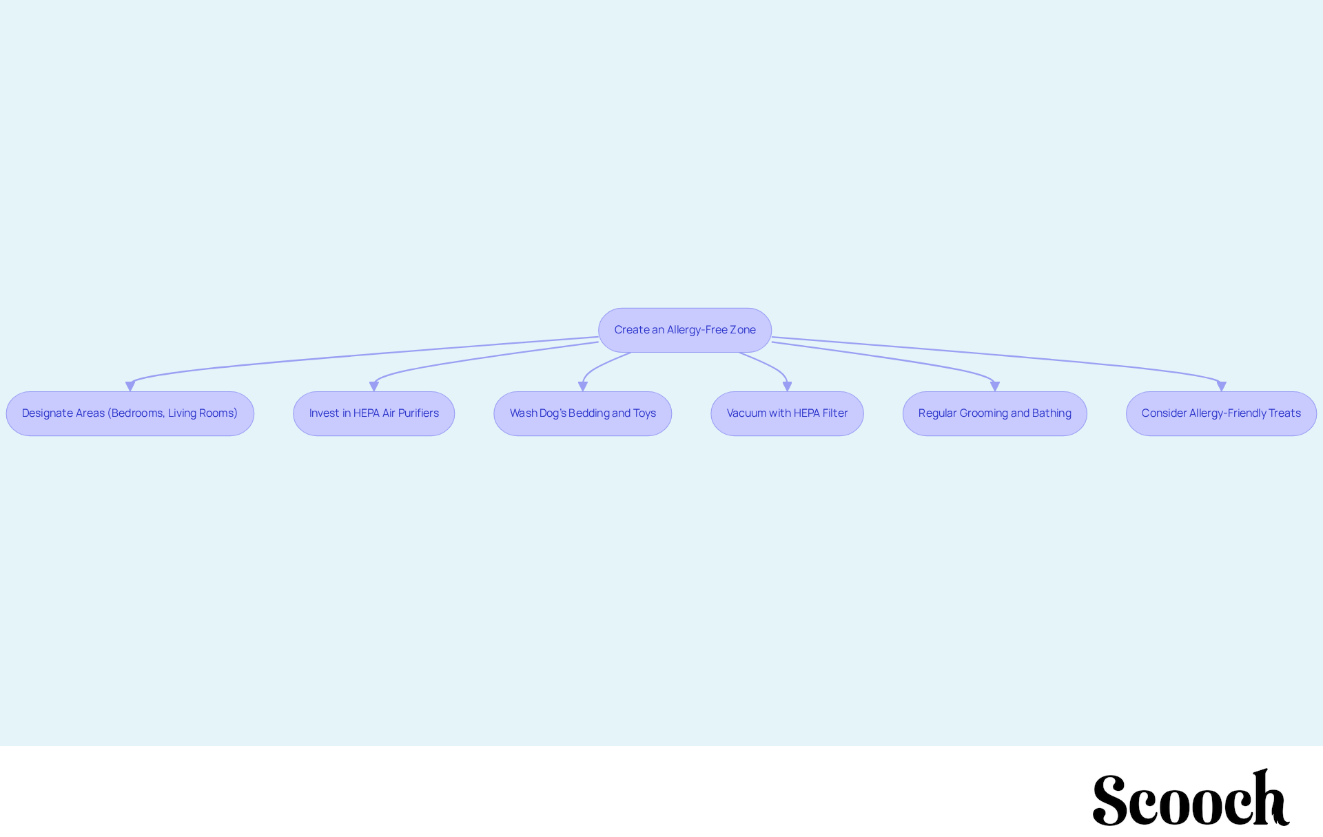 Follow the arrows to see each step you can take to reduce allergens in your home. Each box represents an action that contributes to a healthier environment for your dog and family. Follow the arrows to see each step you can take to reduce allergens in your home. Each box represents an action that contributes to a healthier environment for your dog and family.