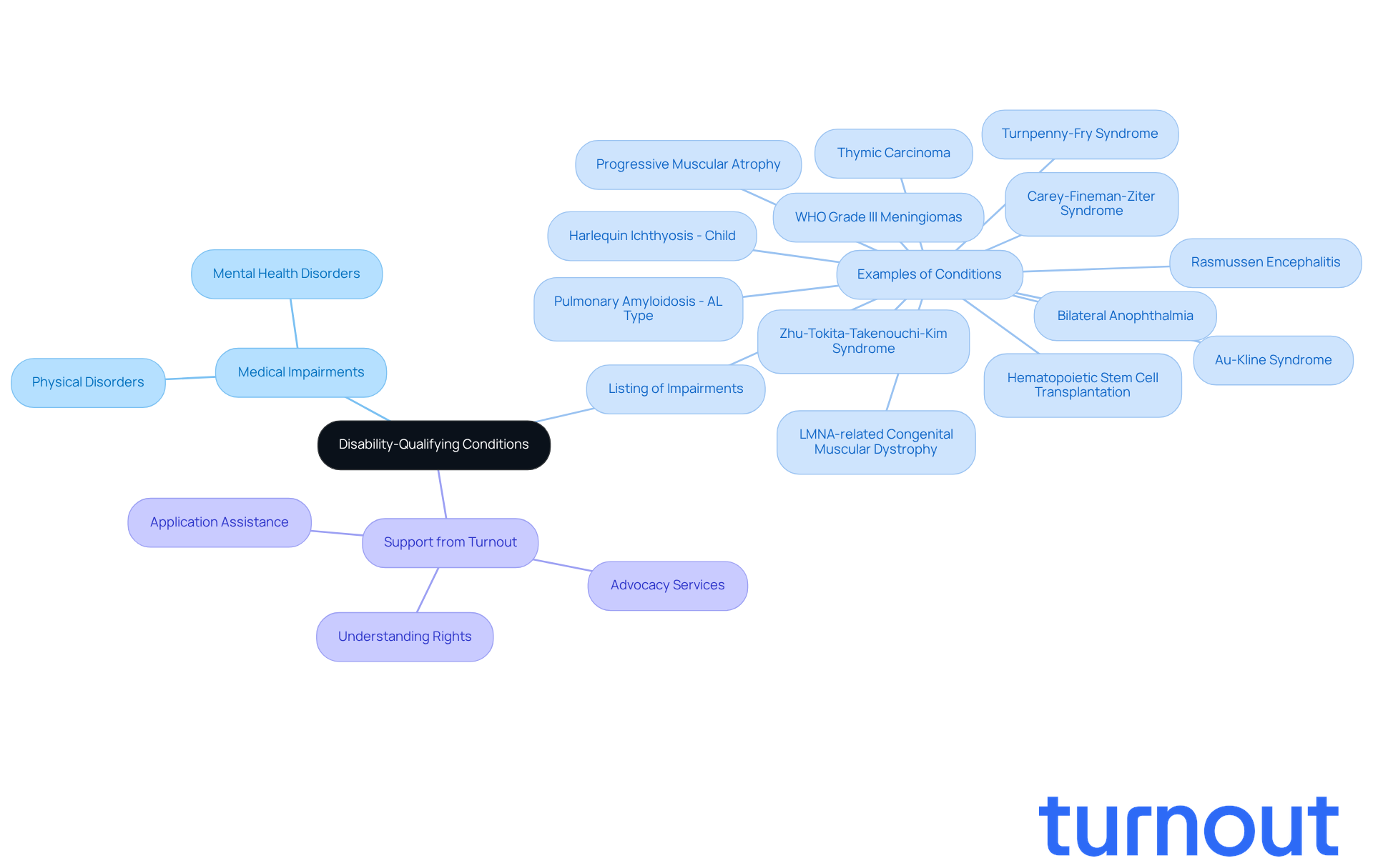 The center represents the main topic of disability-qualifying conditions. Each branch shows a key area related to this topic, helping you understand what qualifies for disability and the support available.