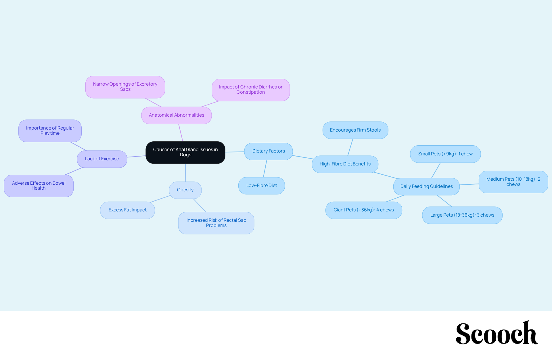 The central node represents the main topic, while the branches show different causes. Each sub-branch provides specific details or recommendations related to that cause, helping you understand how to support your dog's health.