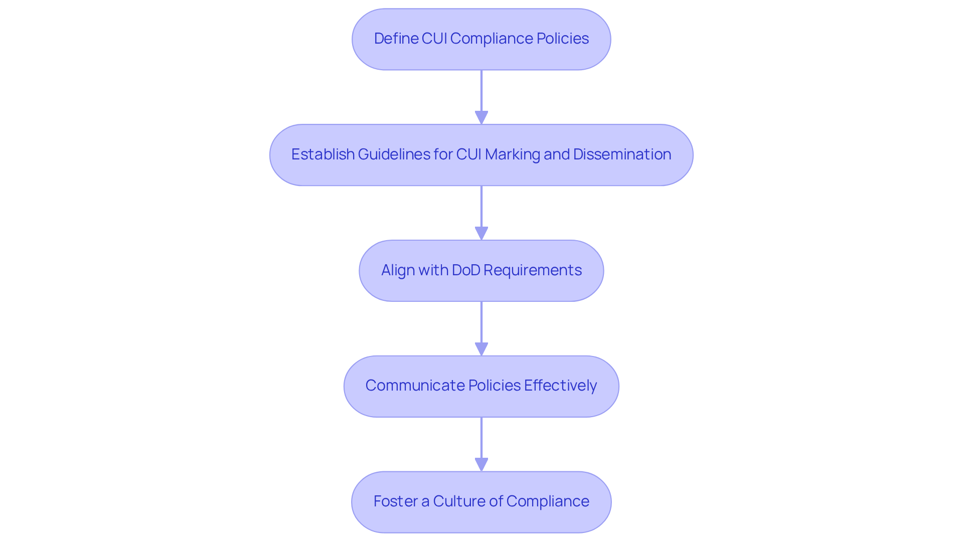 Each step shows what leaders need to do to ensure CUI compliance. Follow the arrows to see the order of actions from defining policies to fostering a compliant culture.