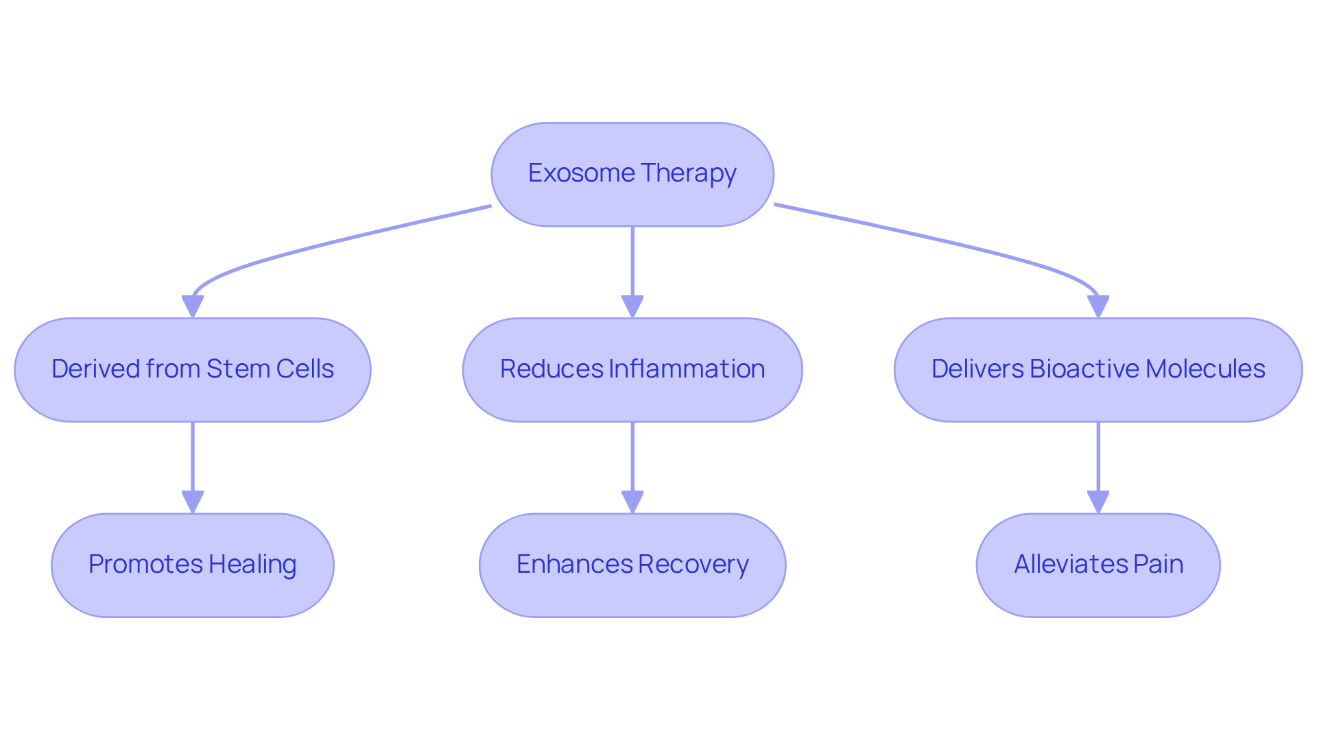 This flowchart illustrates how exosome therapy works. Start with the therapy itself, then follow the arrows to see how it helps reduce inflammation and deliver healing molecules, leading to improved recovery and pain relief.