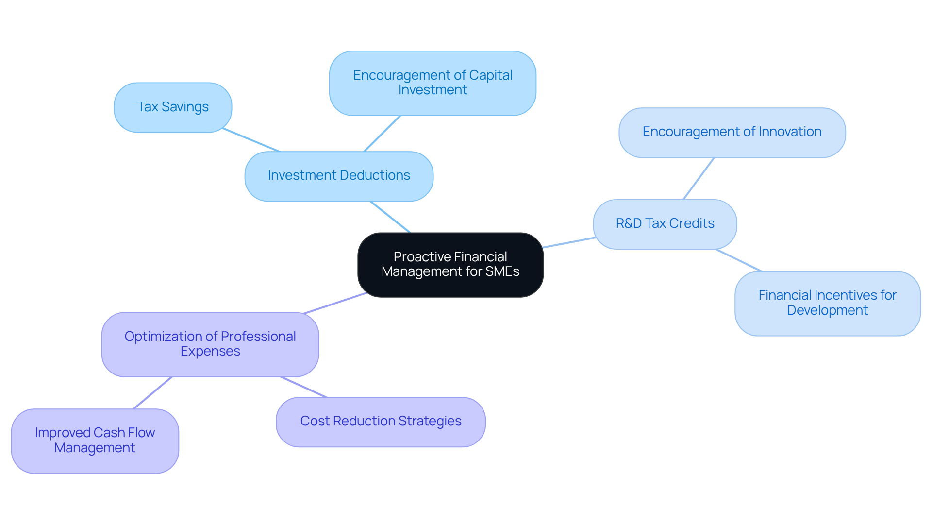 The central node represents the main theme of proactive financial management, while the branches show specific strategies that SMEs can use to improve their financial health. Each color-coded branch highlights a different area of focus.