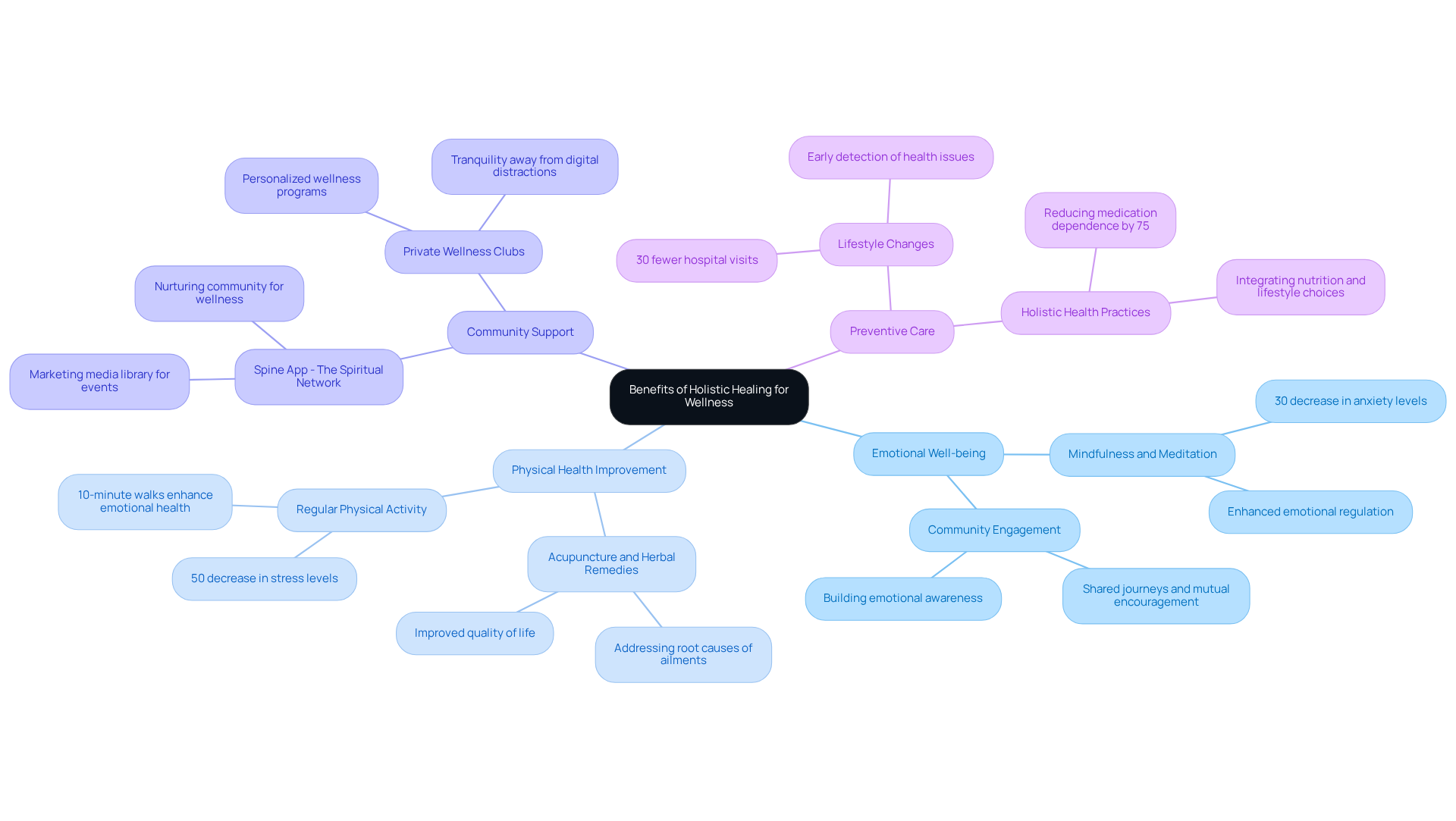 The center represents the overall theme of holistic healing, while the branches show different benefits. Each color-coded branch highlights a specific area of wellness, making it easy to see how they connect and contribute to overall health.