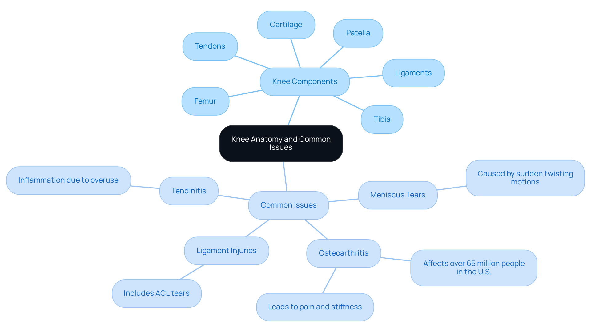 This mindmap starts with the knee anatomy at the center, branching out to show the key components of the knee joint and the common issues that can arise. Each branch represents a different aspect of knee health, helping you visualize how everything is connected.