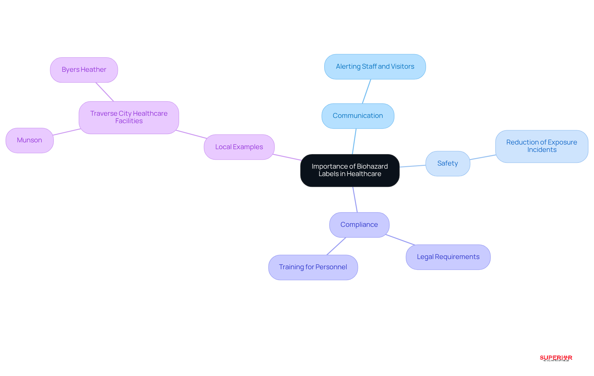 The center shows the main topic, and each branch highlights a different aspect of biohazard labels - follow the branches to see how they contribute to safety and compliance in healthcare.