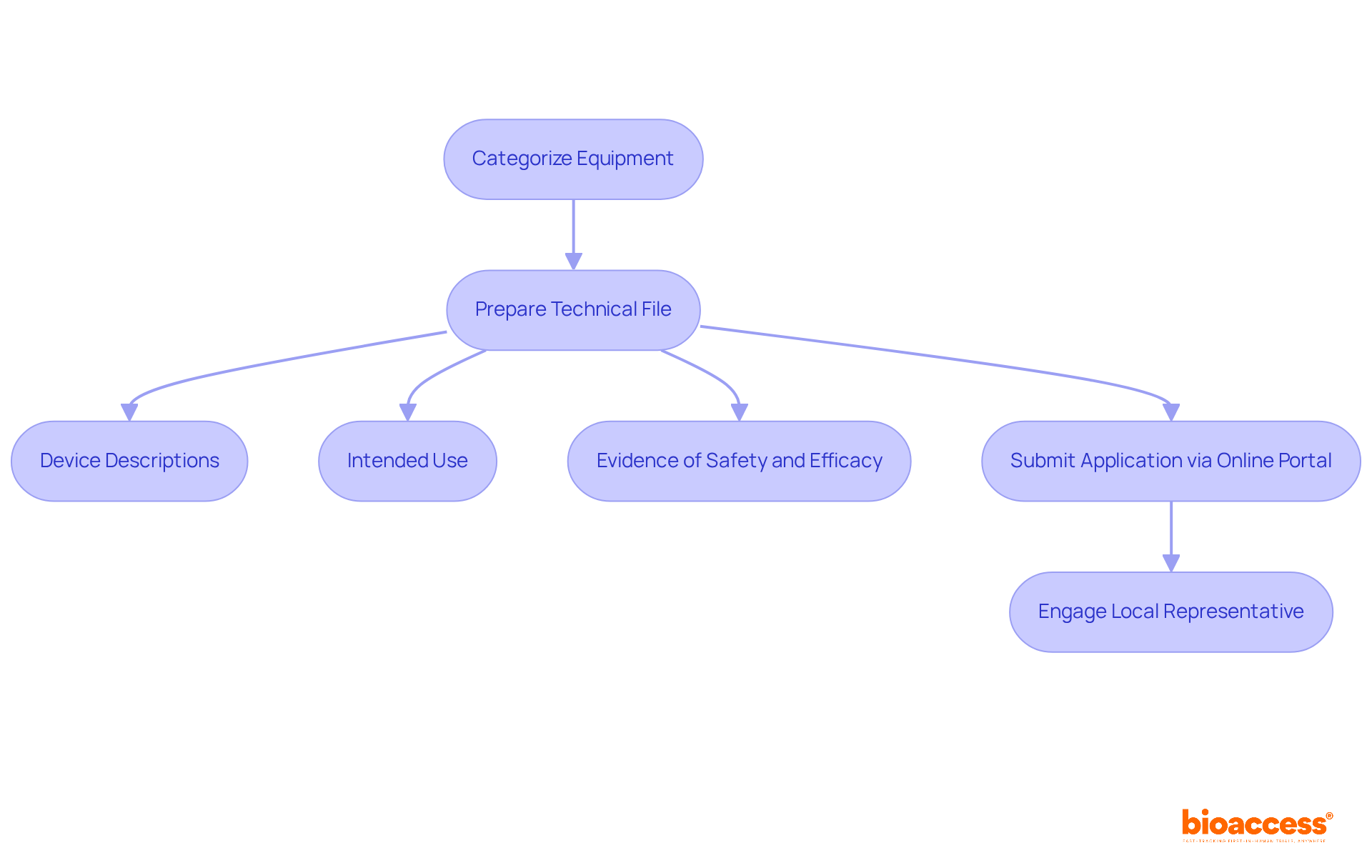 Follow the arrows to see each step in the registration process. Each box represents a key action, and the sub-boxes under 'Prepare Technical File' detail the necessary components.