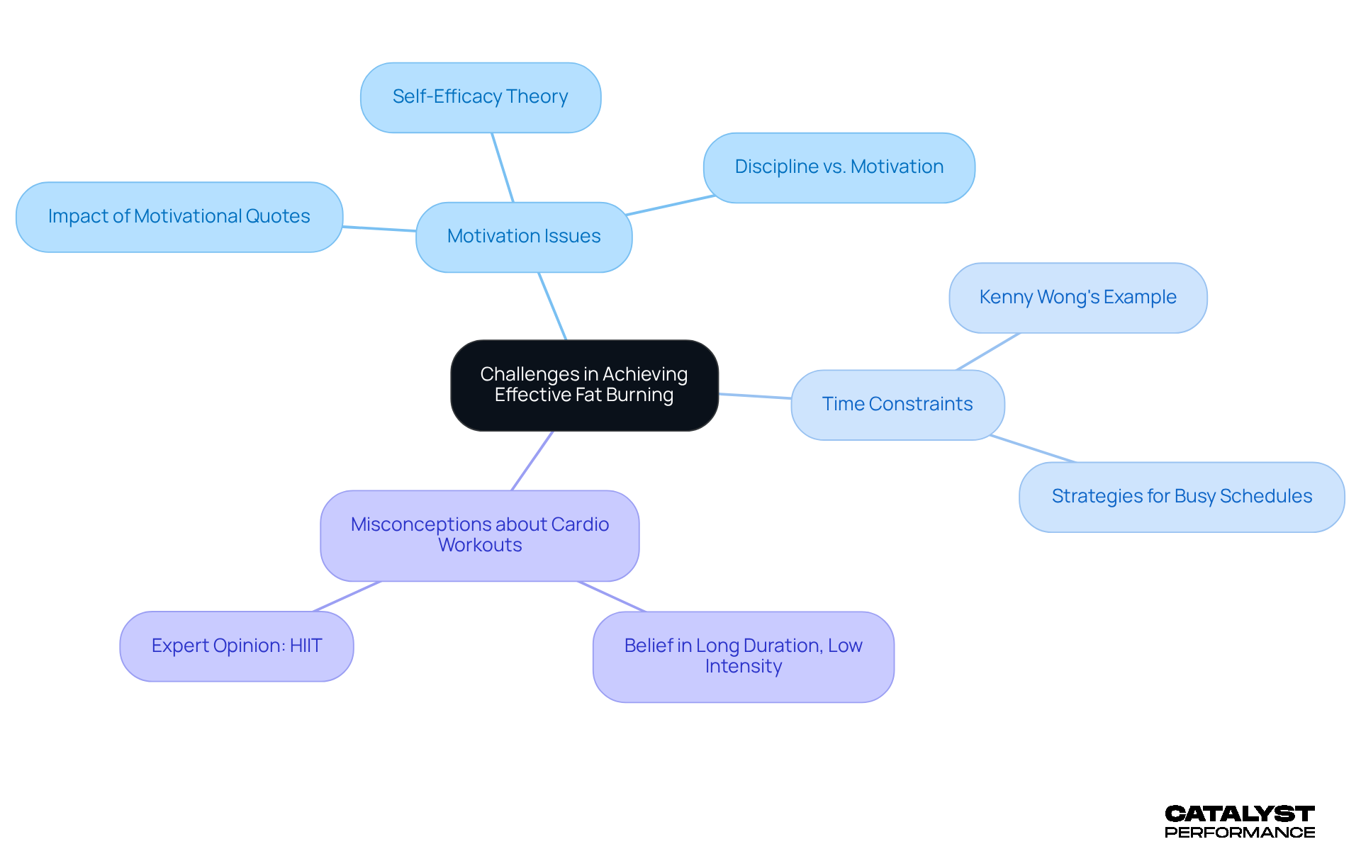 The central node represents the main topic, while the branches show specific challenges. Each sub-branch provides examples or expert insights, helping you understand the complexities of achieving effective fat burning. The central node represents the main topic, while the branches show specific challenges. Each sub-branch provides examples or expert insights, helping you understand the complexities of achieving effective fat burning.