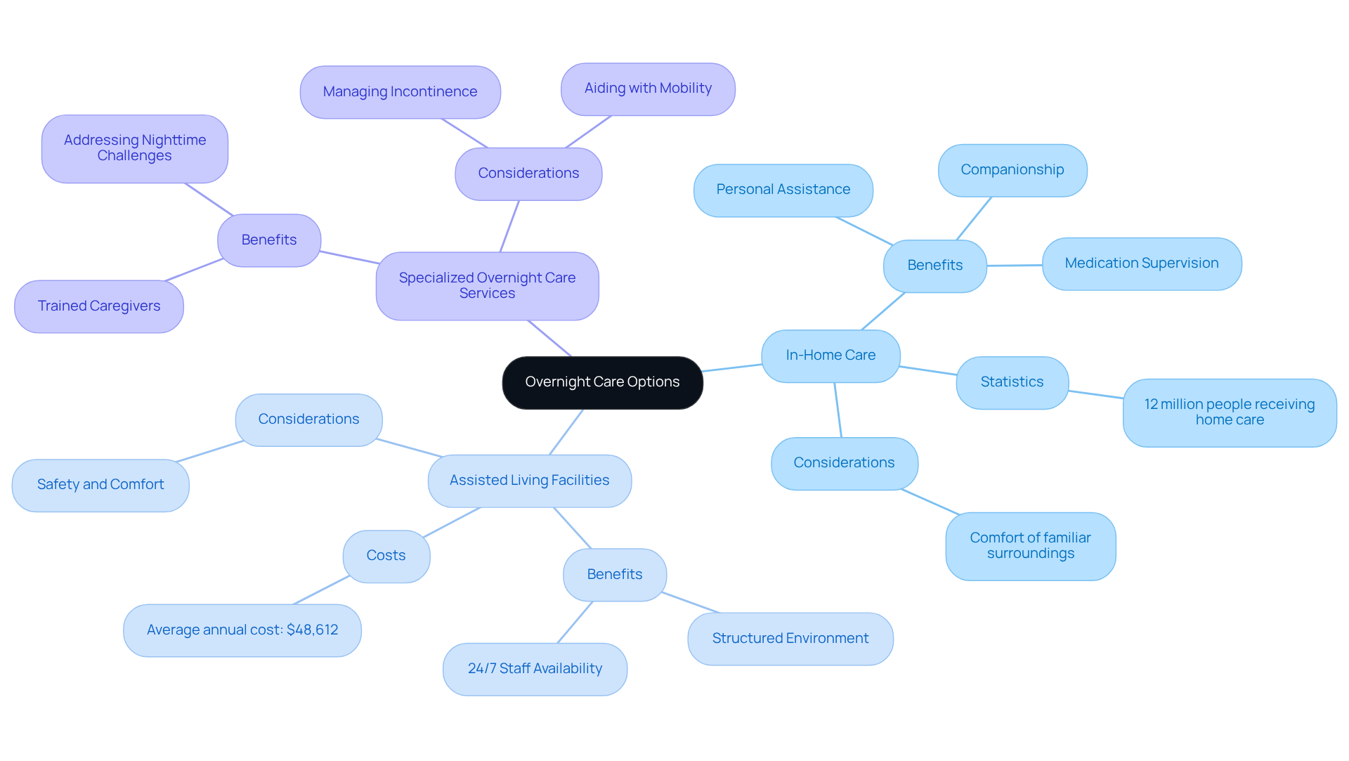 The central node represents the main topic of overnight care options, while each branch provides a specific type of care with details that help you understand what each option entails. Follow the branches to explore the benefits and features of each choice.