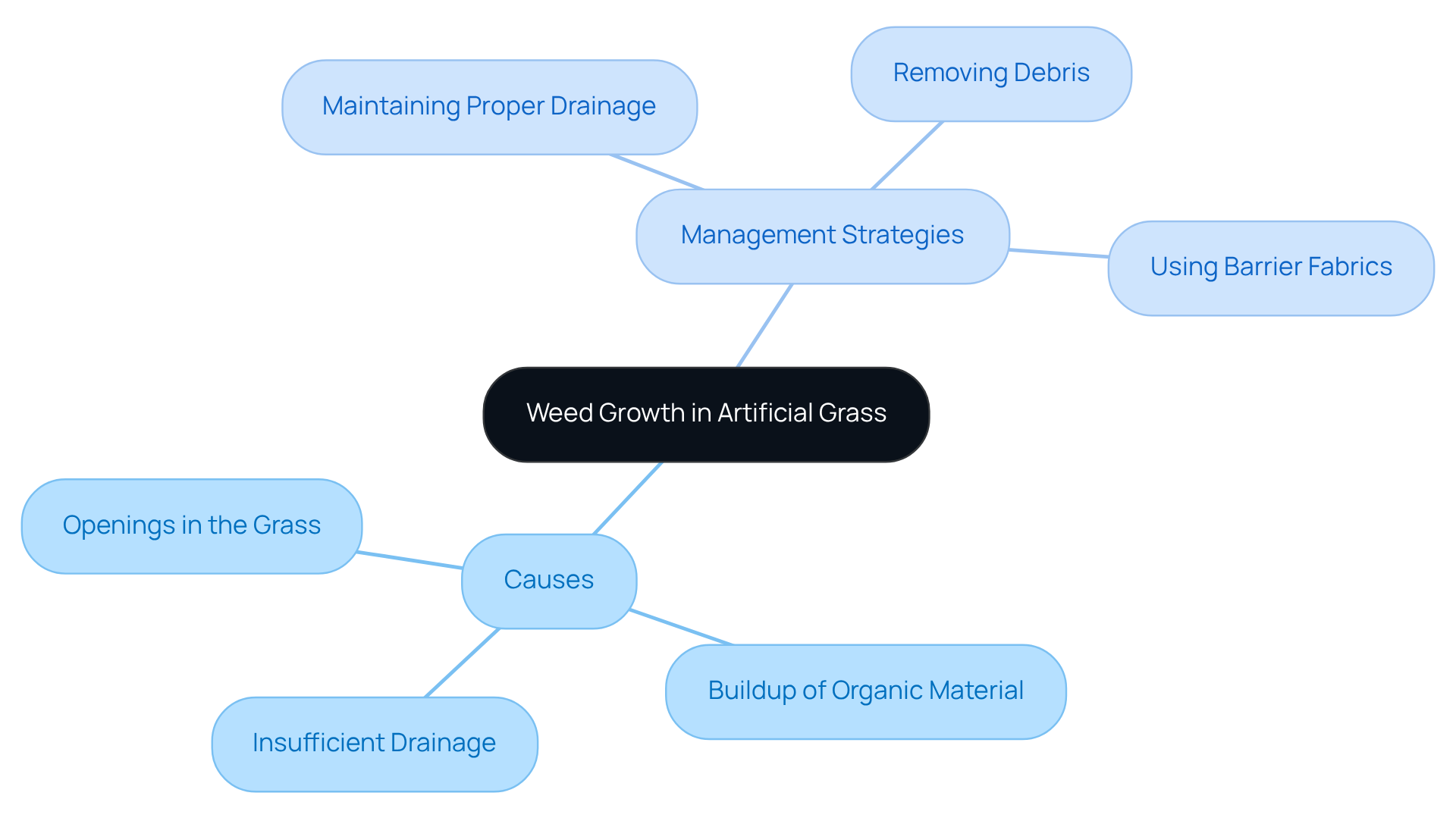 The central node represents the main topic, while the branches show the causes of weed growth and the strategies to manage it. Each color-coded branch helps you easily identify related ideas and actions.