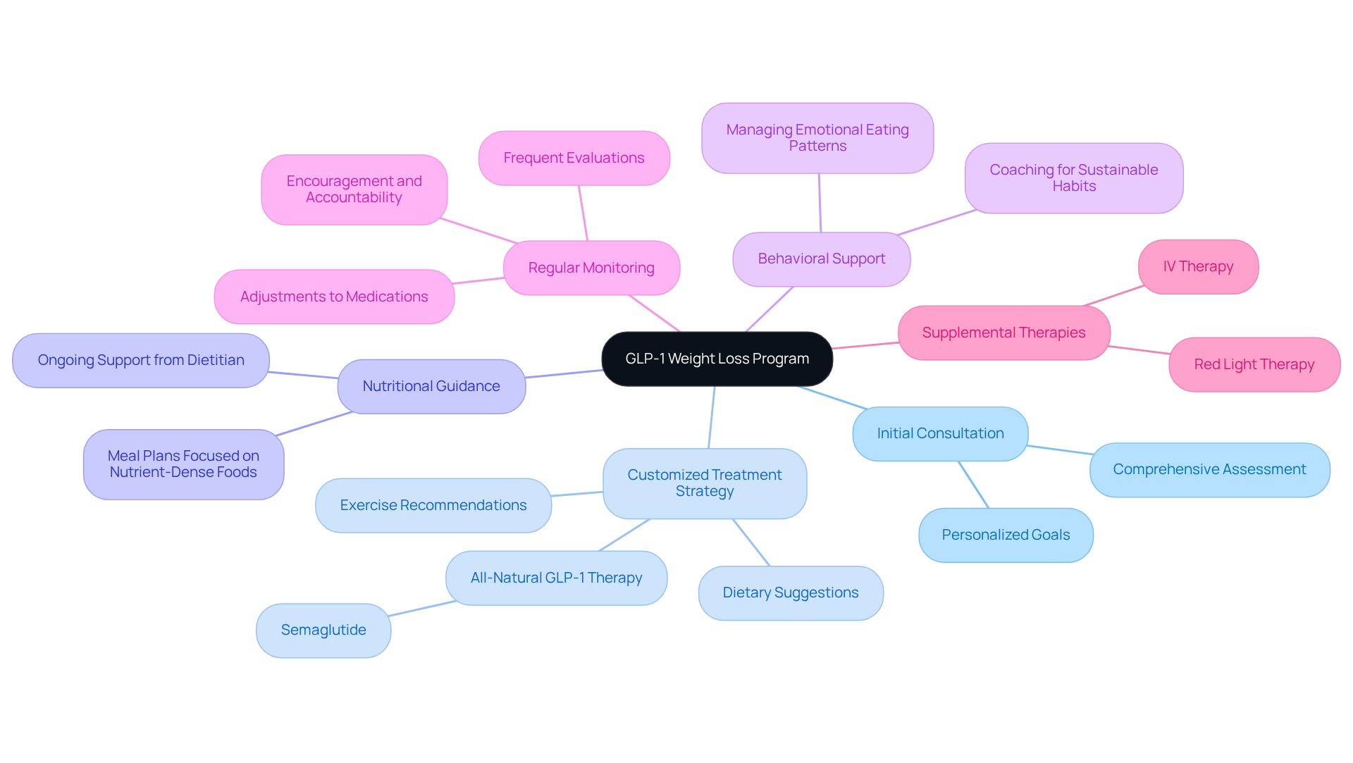 The central node represents the overall weight loss program, while each branch shows a key component of the program. Follow the branches to see how each part works together to support your weight loss journey.