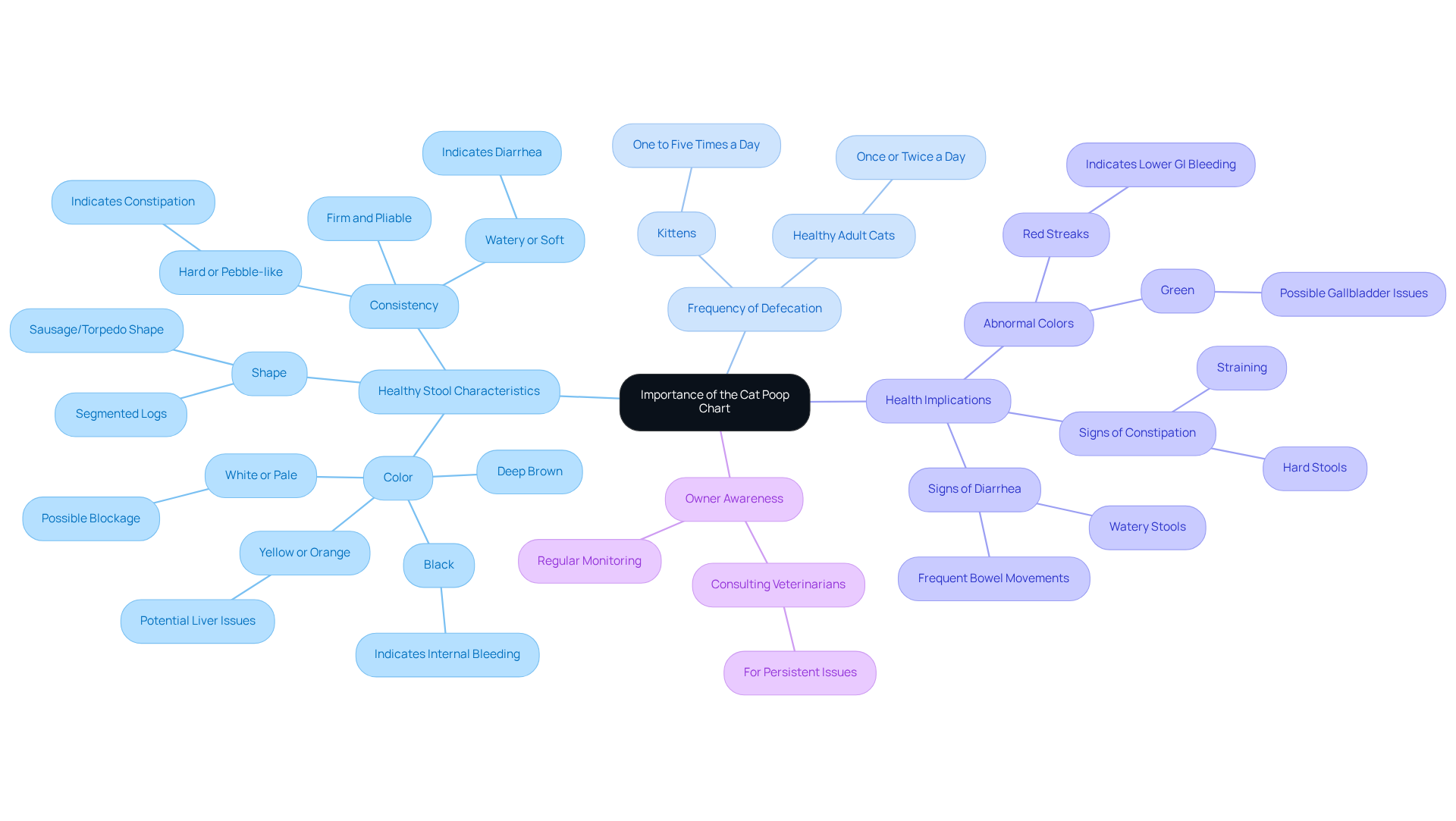 This mindmap shows how important it is to monitor your cat's stool. Each branch points to different aspects of stool health, helping you understand what to look for in your pet's poop and why it matters.