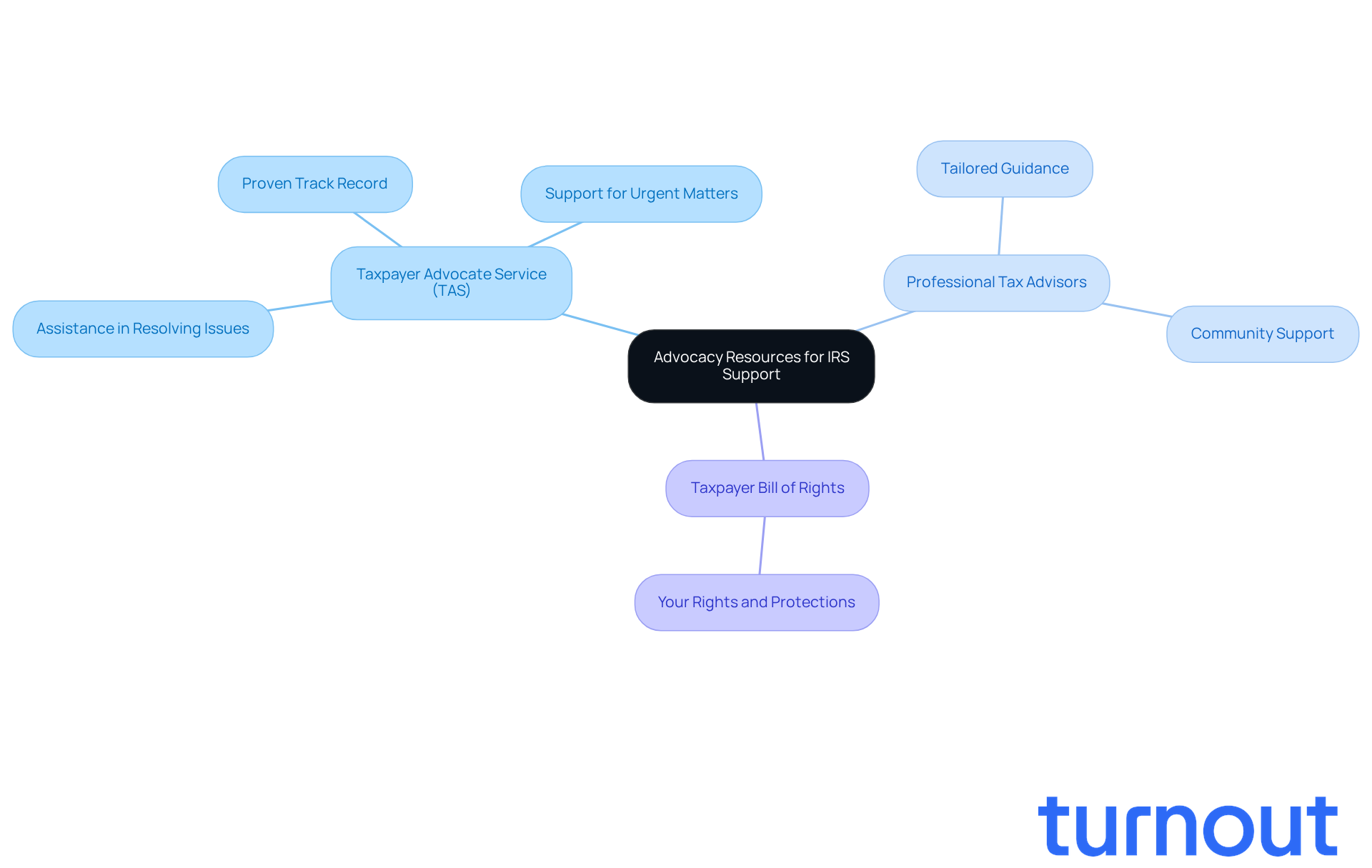 The central node represents the main theme of advocacy resources. Each branch shows a different type of support available, with sub-branches detailing specific benefits and features. This visual helps you understand how to navigate IRS challenges with the right resources.