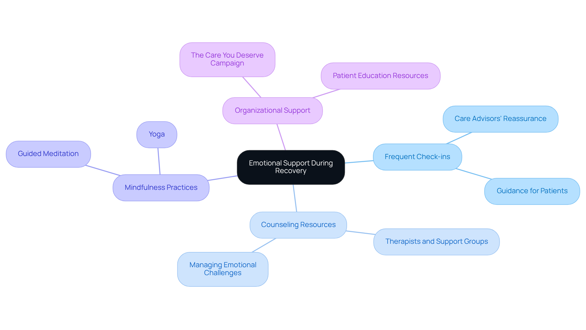 The central node represents the main theme of emotional support, while the branches illustrate different aspects that contribute to a positive recovery experience. Each branch highlights a key area of focus, showing how they all connect to support mental well-being.
