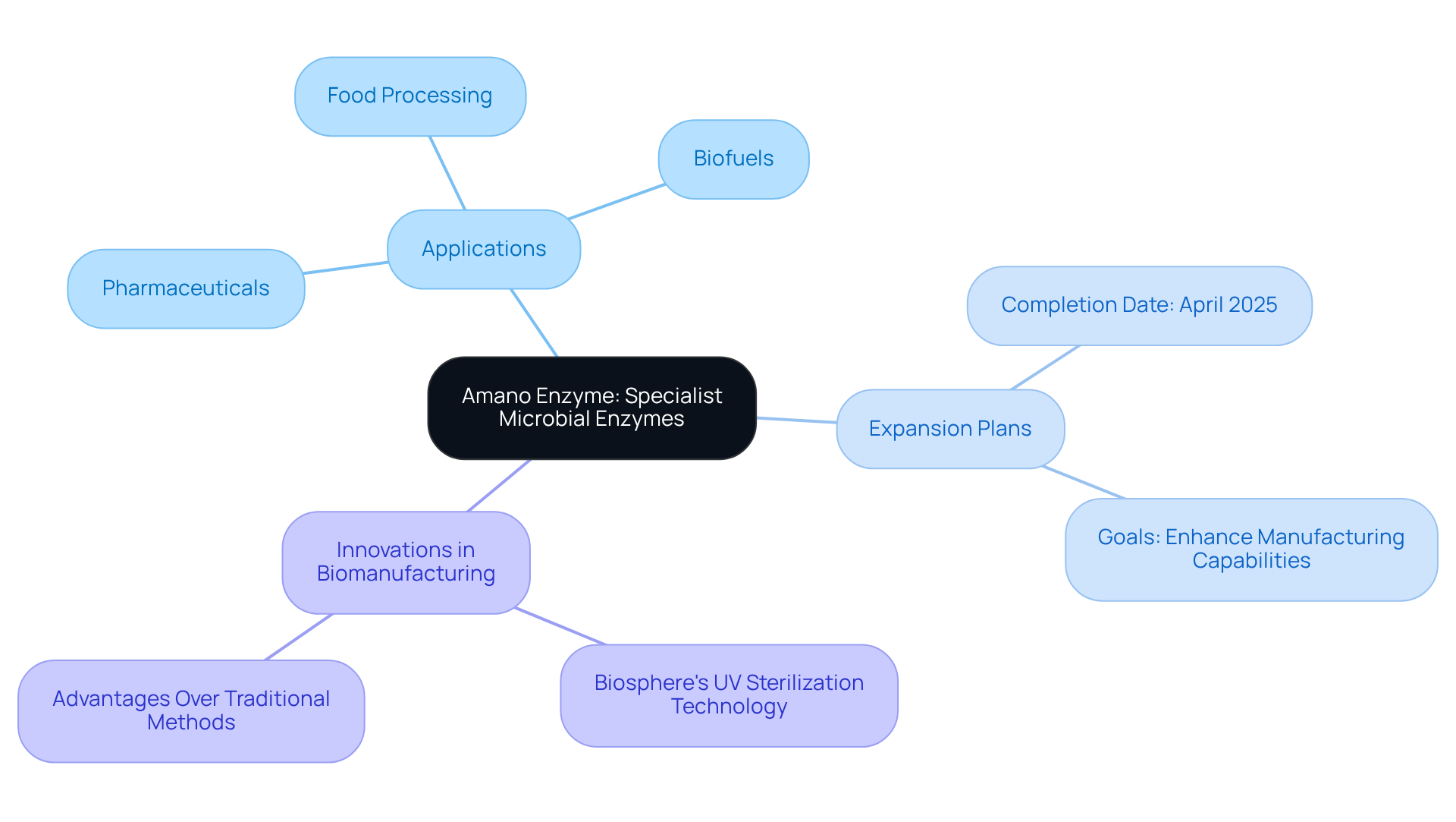 The central node represents Amano Enzyme, with branches showing its key applications, expansion plans, and innovations. Each branch connects to specific details, helping you understand how they all relate to the company's mission.