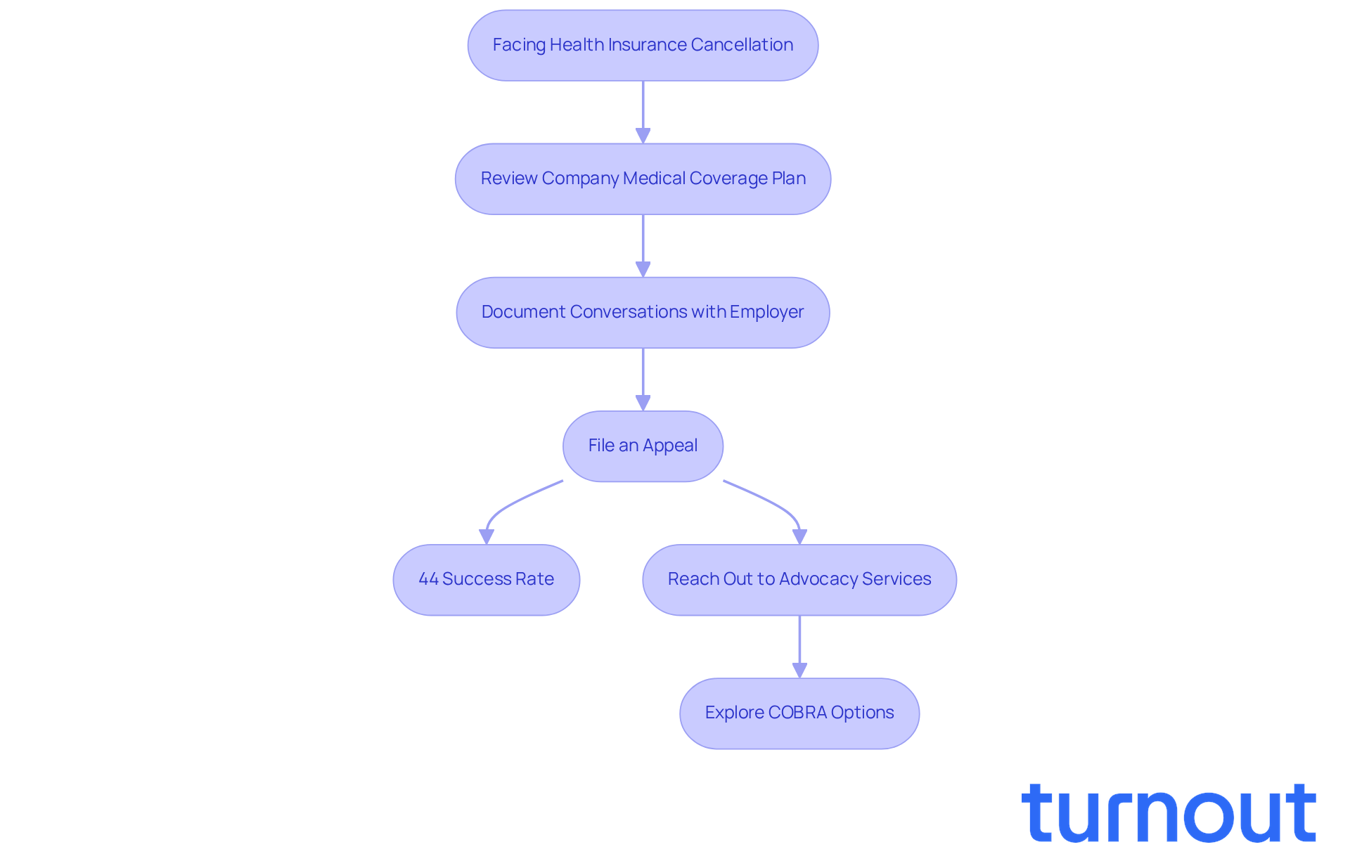 Follow the arrows to see each step you should take if your health insurance is canceled. Each box represents an action you can take to help secure your coverage.