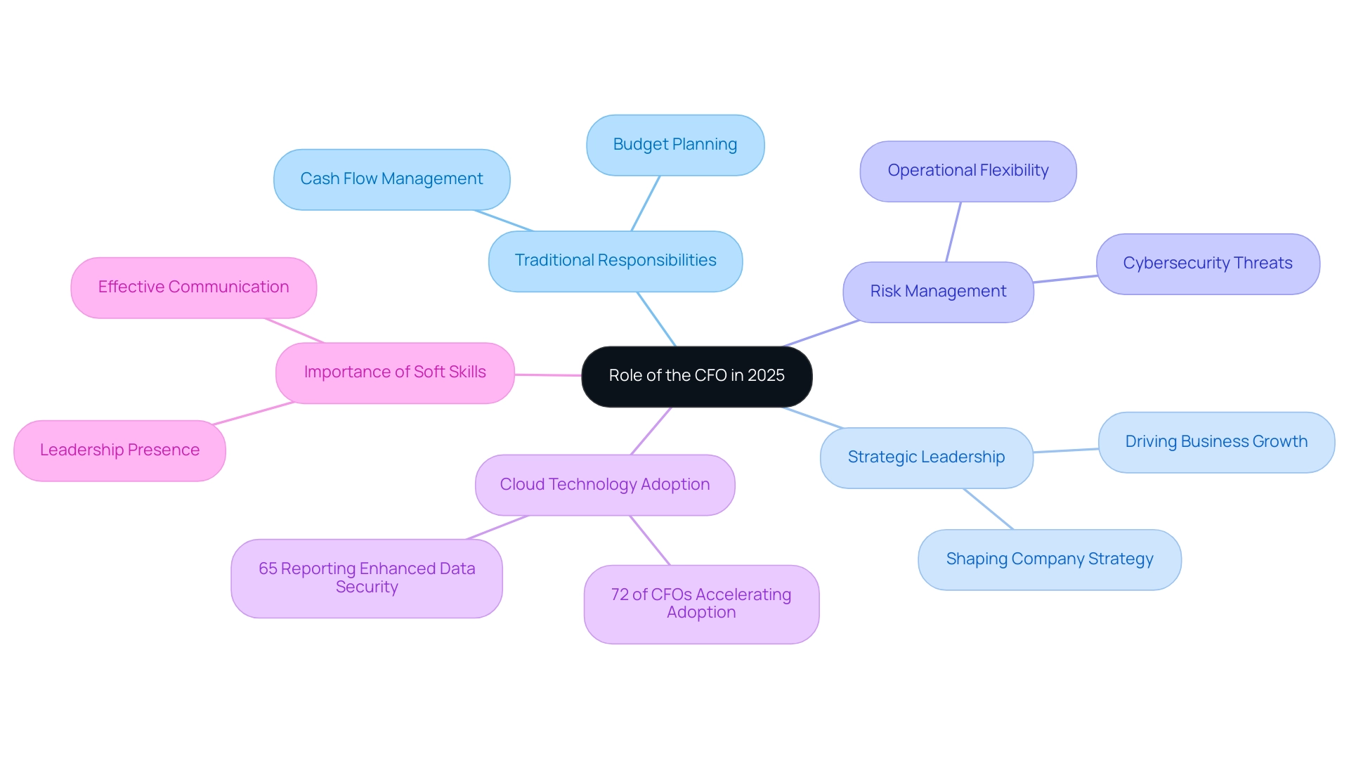 The central node represents the role of the CFO, with branches indicating key responsibilities and evolving expectations in 2025.