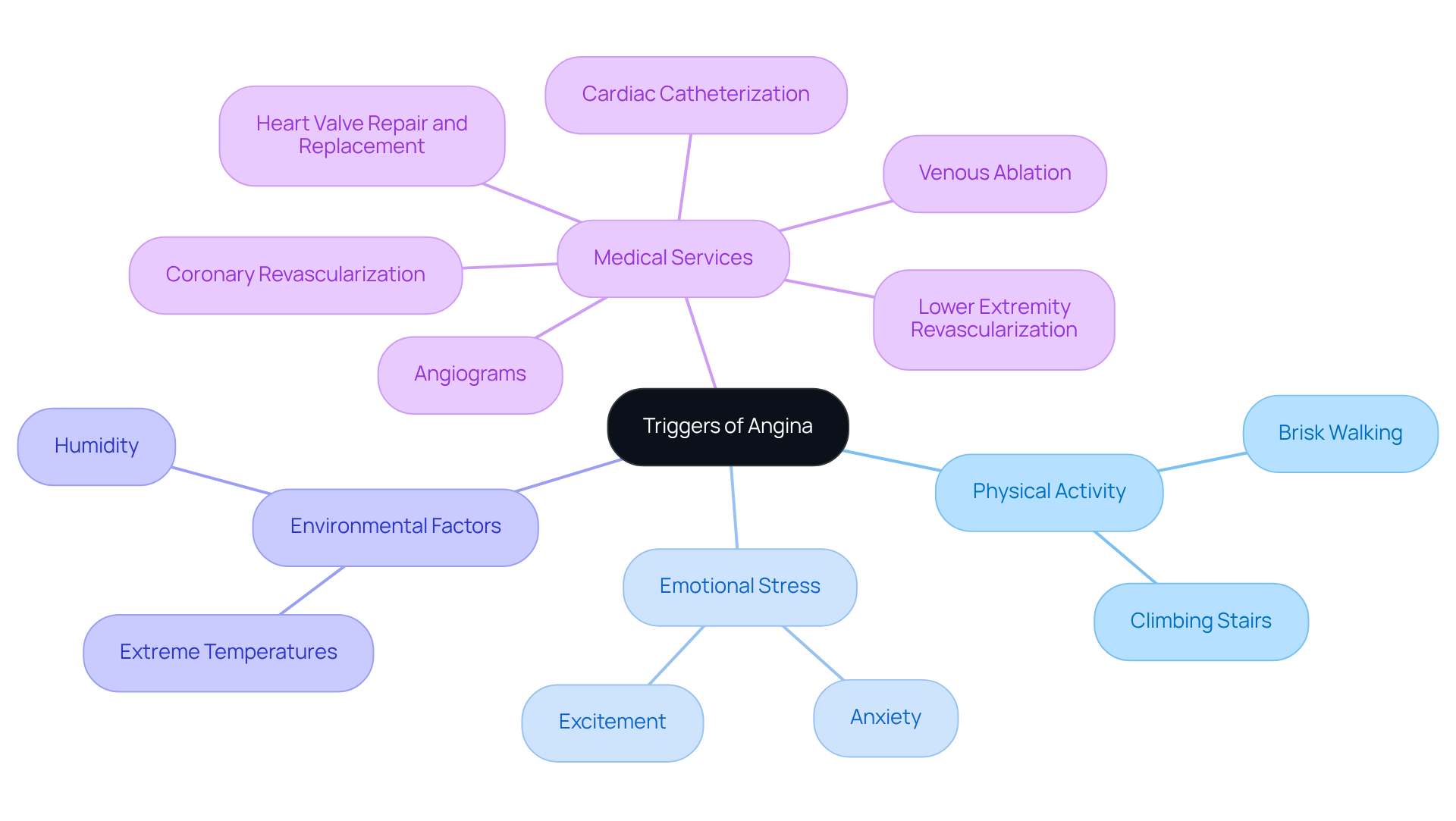 This mindmap helps you see the different factors that can trigger angina symptoms. Start at the center with 'Triggers of Angina', then follow the branches to explore physical activities, emotional stresses, environmental factors, and medical services that can help manage these triggers. Each branch shows how these elements are connected to angina, making it easier to understand what to watch for.