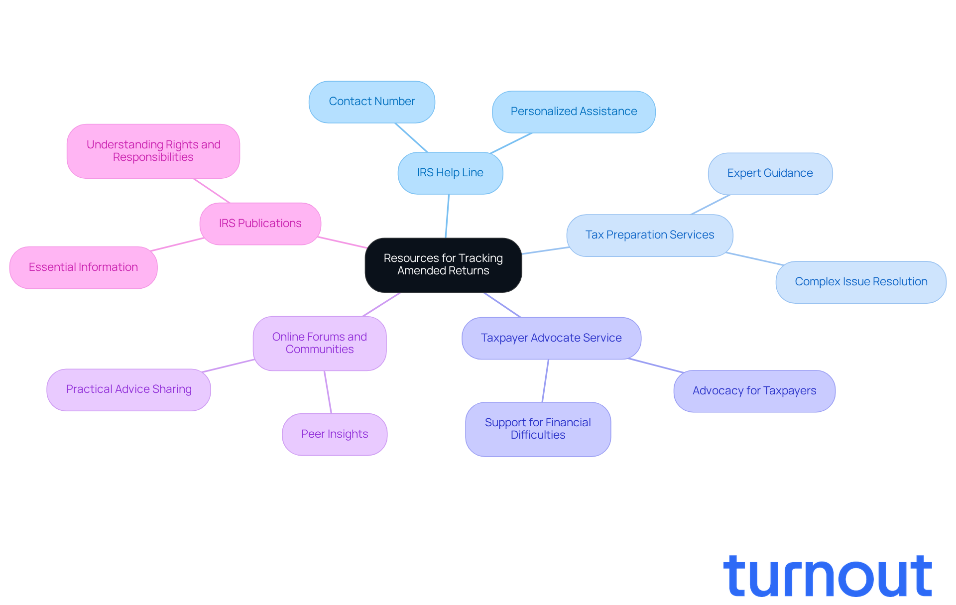 The central node represents the main topic, while each branch shows a different resource available to help you with your amended return. Follow the branches to learn more about each option and how they can assist you.