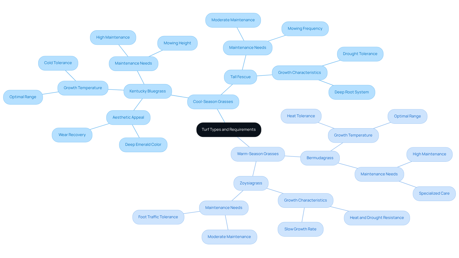 The central node represents the main topic of turf types. The branches show the two categories of grasses, and the sub-nodes provide details about each type, including their growth patterns and maintenance needs.