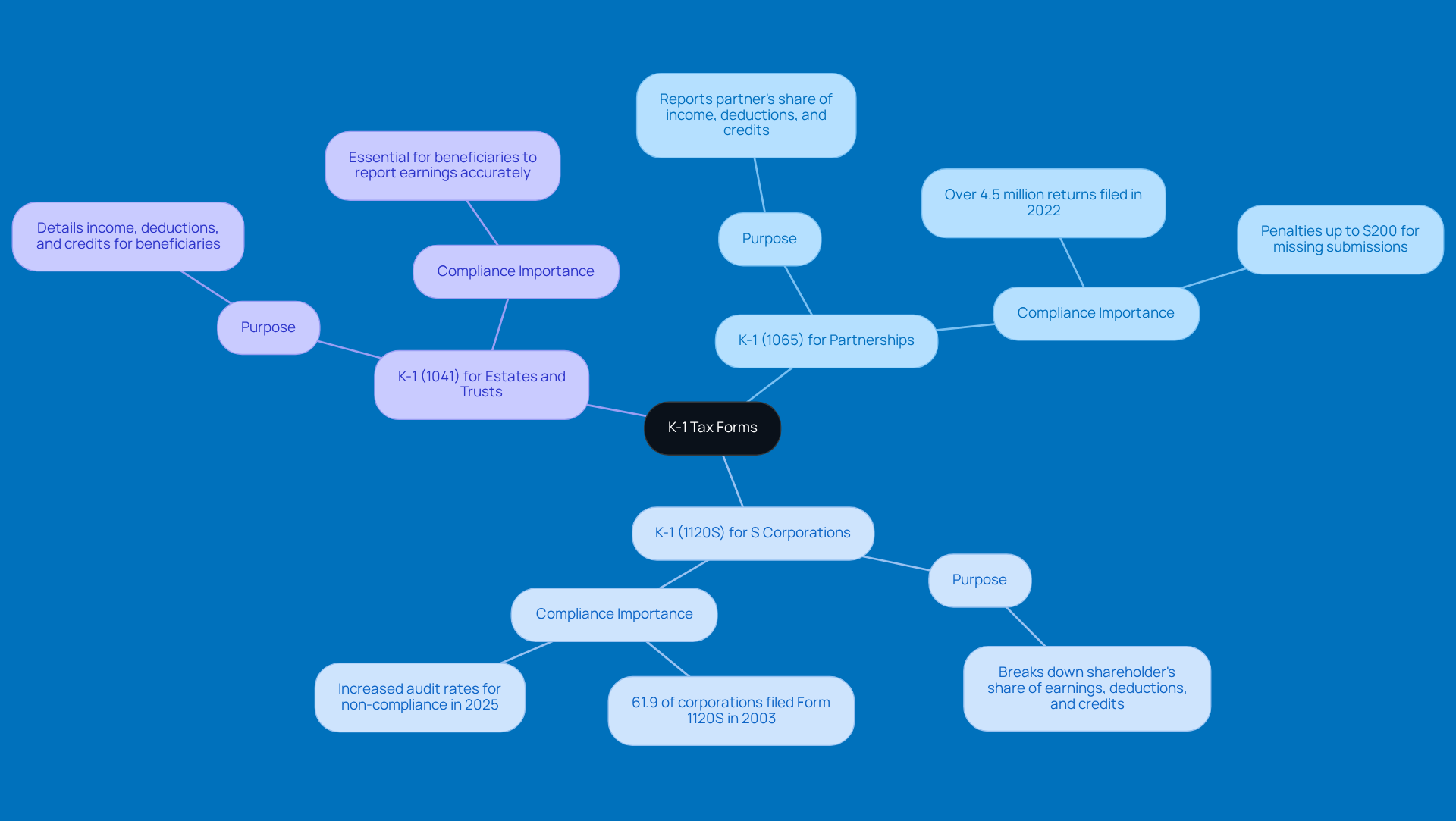 The central node represents K-1 tax forms, and each branch shows a different type. Follow the branches to learn about partnerships, S corporations, and trusts, including their specific requirements and significance. The central node represents K-1 tax forms, and each branch shows a different type. Follow the branches to learn about partnerships, S corporations, and trusts, including their specific requirements and significance.