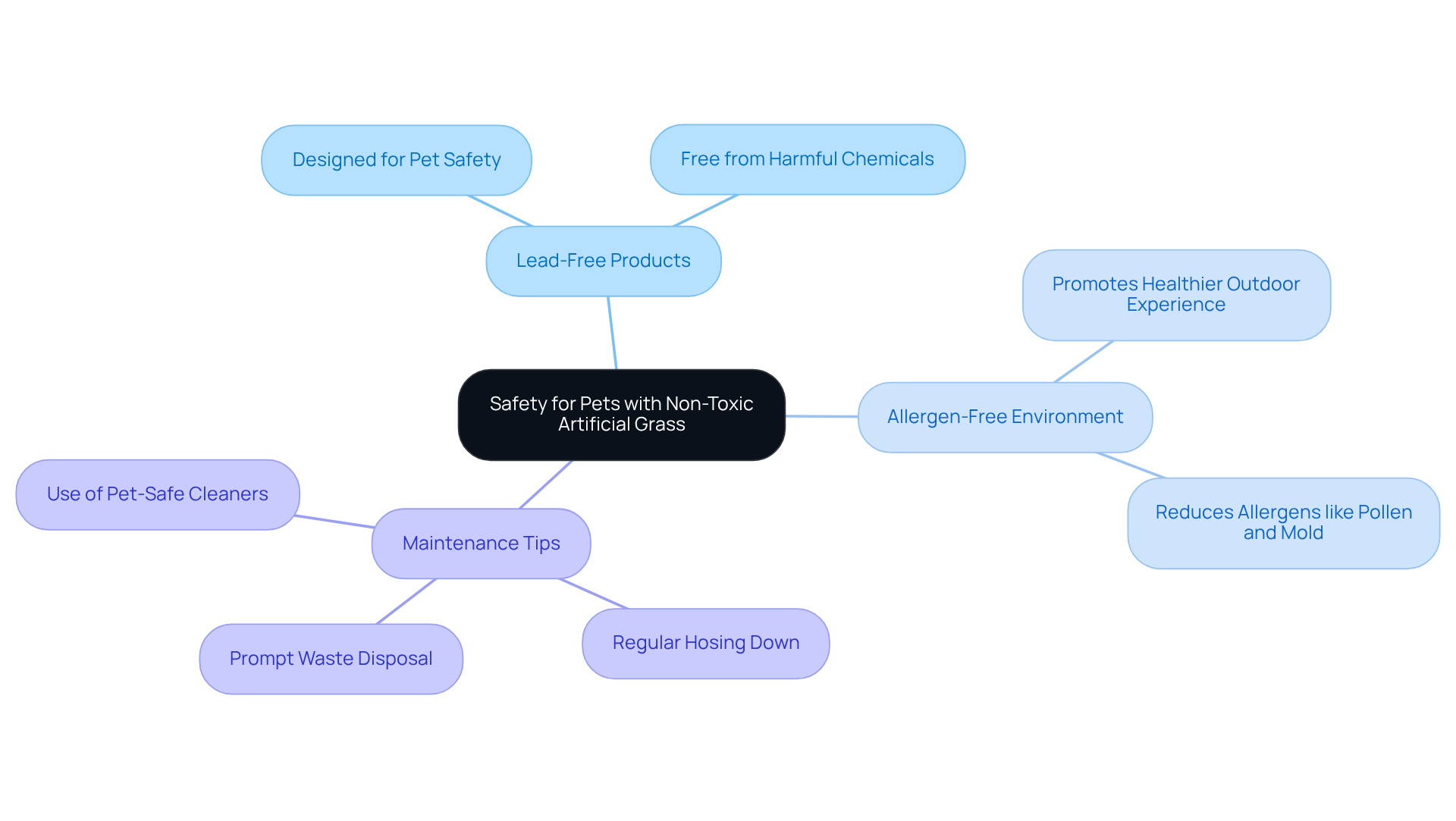 Start at the center with the main idea of pet safety, then follow the branches to explore each benefit and its details. Each color represents a different aspect of how synthetic turf supports pet health and safety. Start at the center with the main idea of pet safety, then follow the branches to explore each benefit and its details. Each color represents a different aspect of how synthetic turf supports pet health and safety.