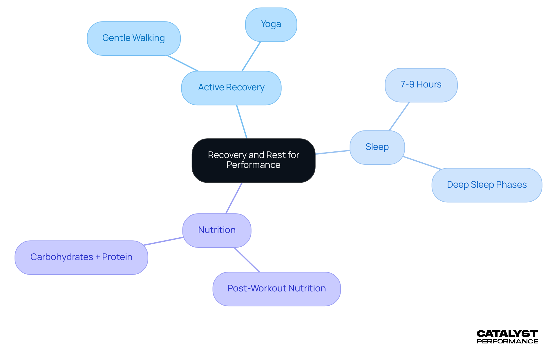 The center represents the main focus on recovery. Each branch shows a different strategy that contributes to better performance. Follow the branches to see specific actions you can take to improve your recovery and overall athletic journey. The center represents the main focus on recovery. Each branch shows a different strategy that contributes to better performance. Follow the branches to see specific actions you can take to improve your recovery and overall athletic journey.