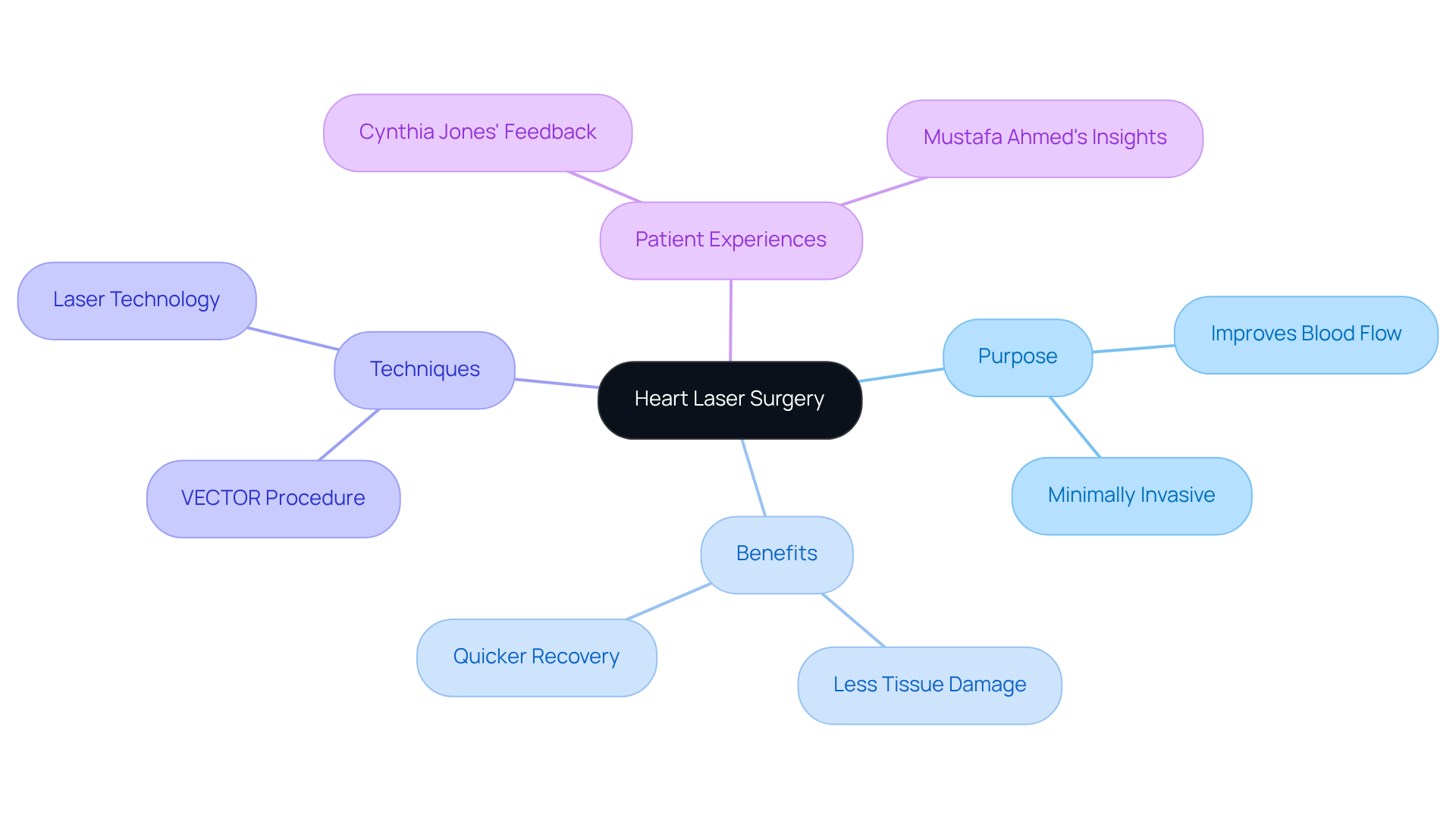 This mindmap starts with the main idea of heart laser surgery at the center. Each branch represents a different aspect of the surgery, such as its purpose, benefits, techniques, and patient experiences. Follow the branches to explore how this innovative procedure can improve heart health.