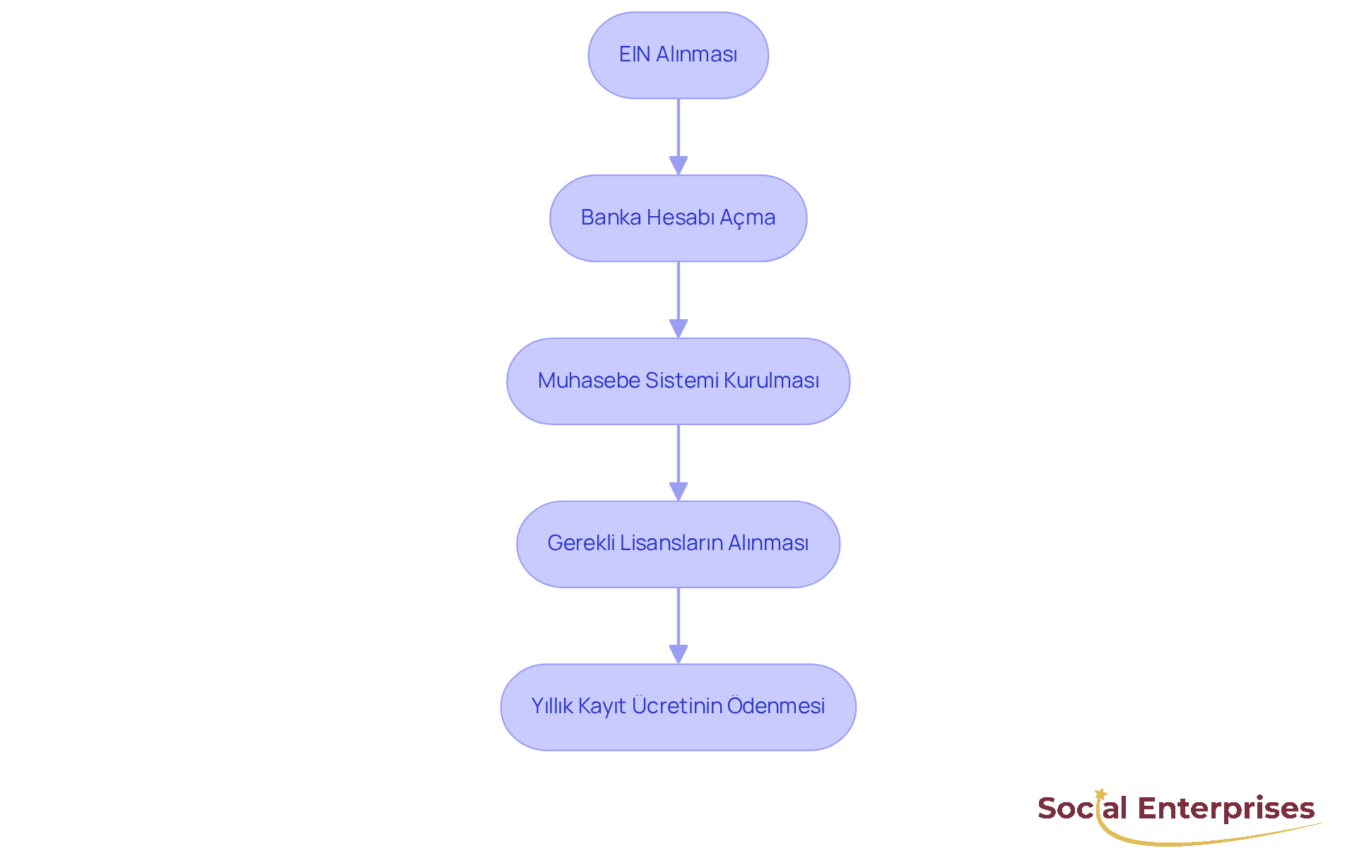 Her kutu bir adımı temsil eder. Oklar, bir adımın diğerine nasıl geçtiğini gösterir. Süreç boyunca her adımı takip ederek LLC'nizin faaliyete geçmesini sağlayabilirsiniz.